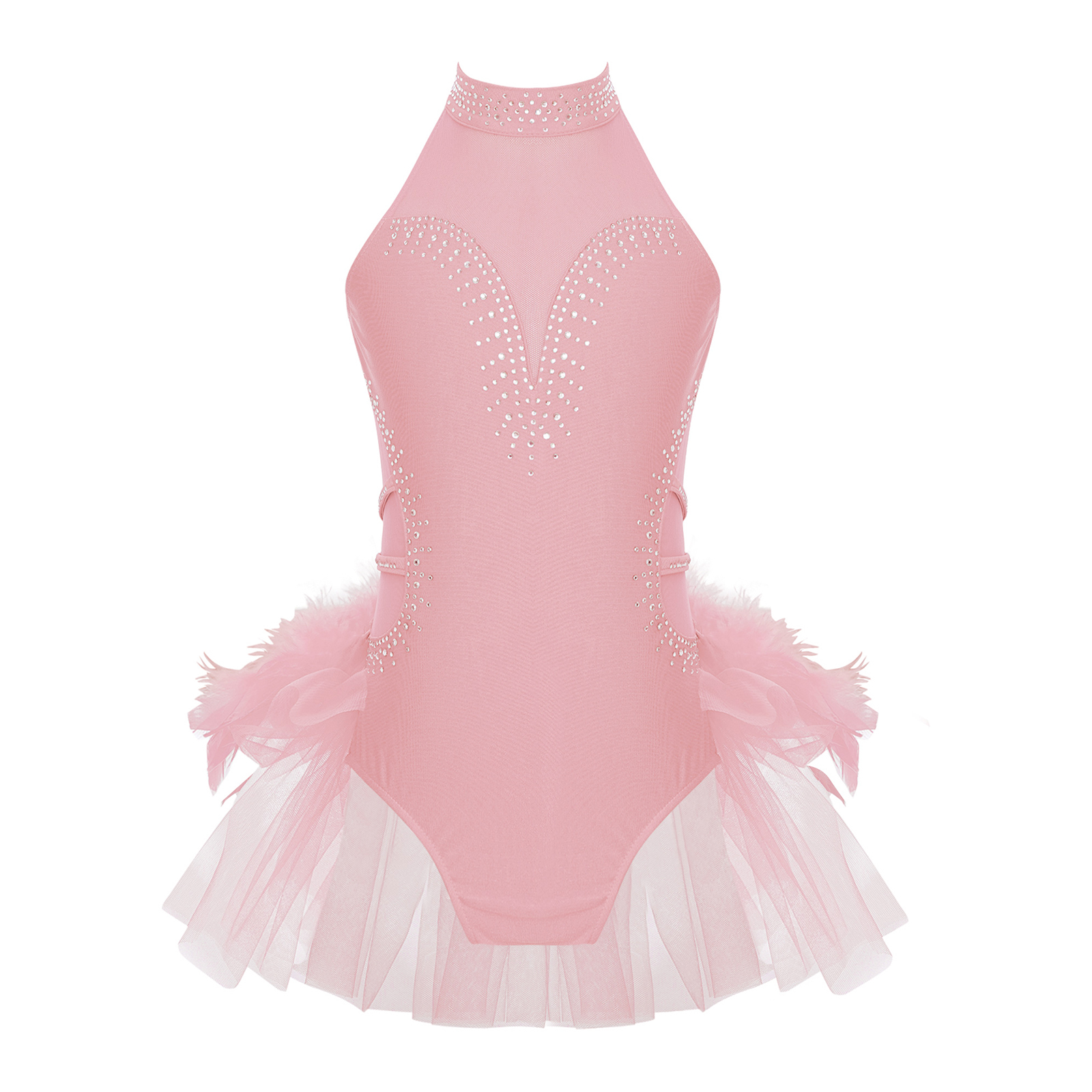 YONGHS Kids Girls Mesh Splice Sleeveless Feather Tulle Skirted Leotard ...