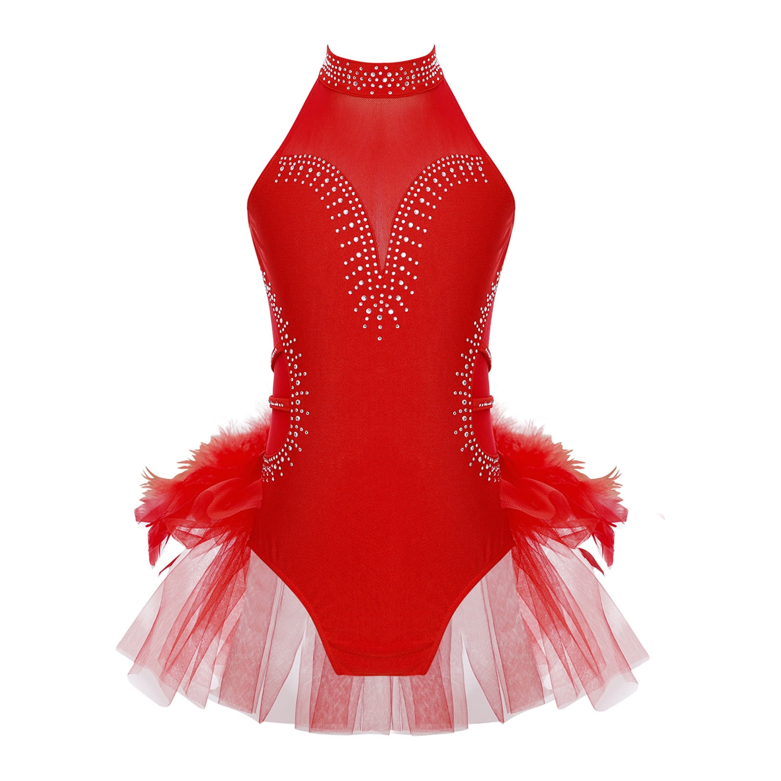YONGHS Kids Girls Mesh Splice Sleeveless Feather Tulle Skirted Leotard ...