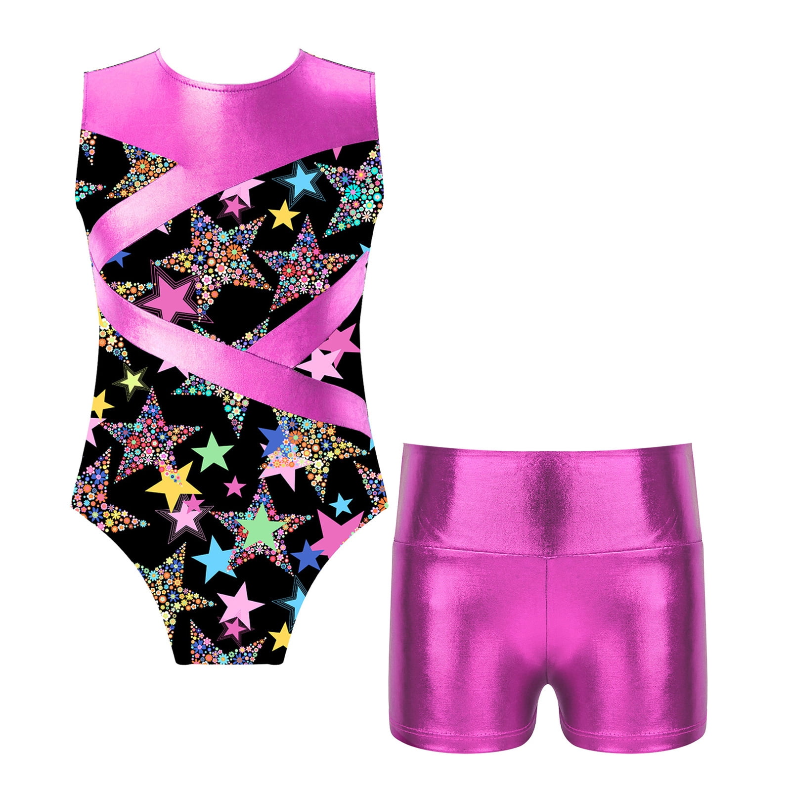 YONGHS Kids Girls Metallic 2 Pcs Gymnastics Shorts Set Ballet Dance ...