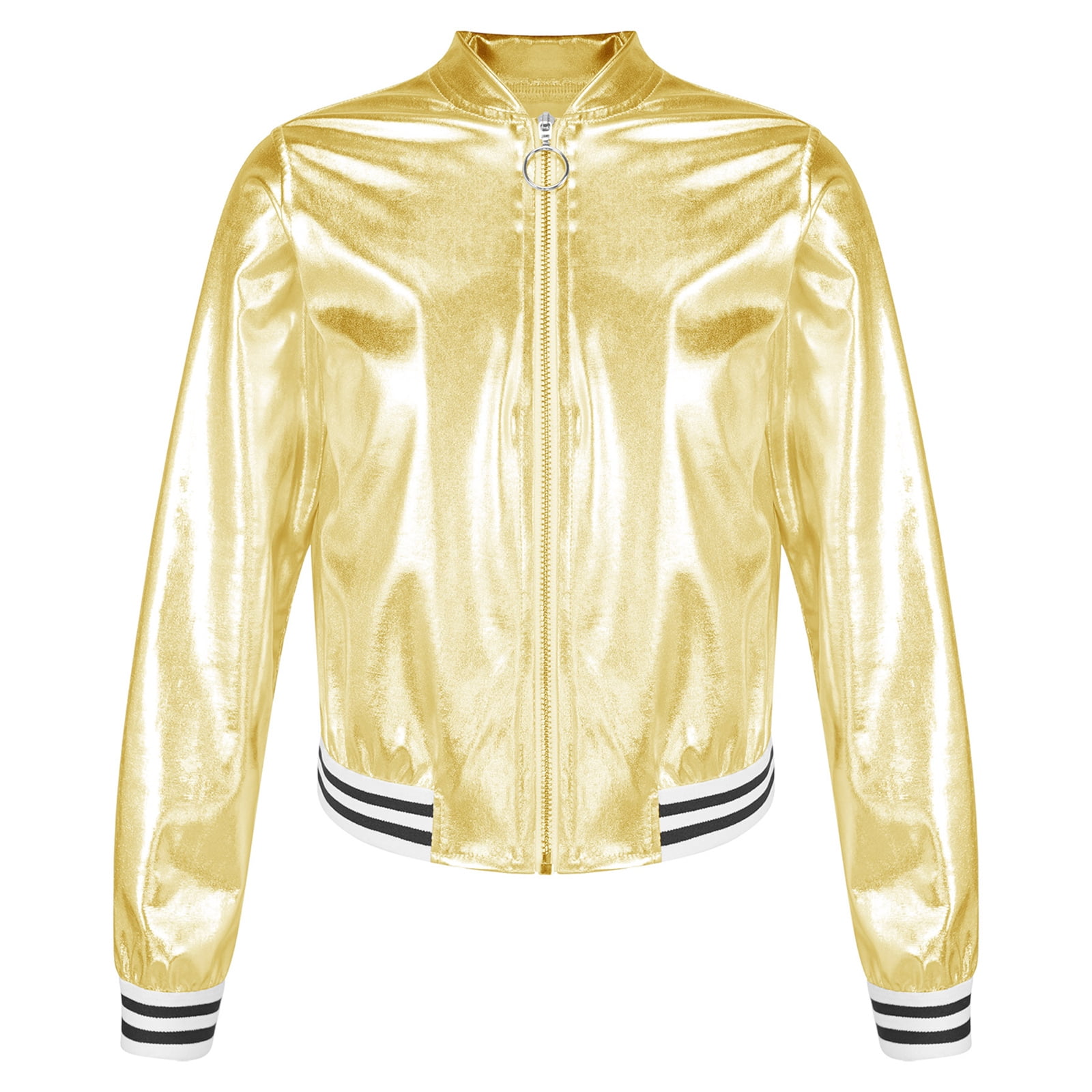 YONGHS Kids Girls Metallic Flight Jacket Long Sleeve Zippered Coat ...