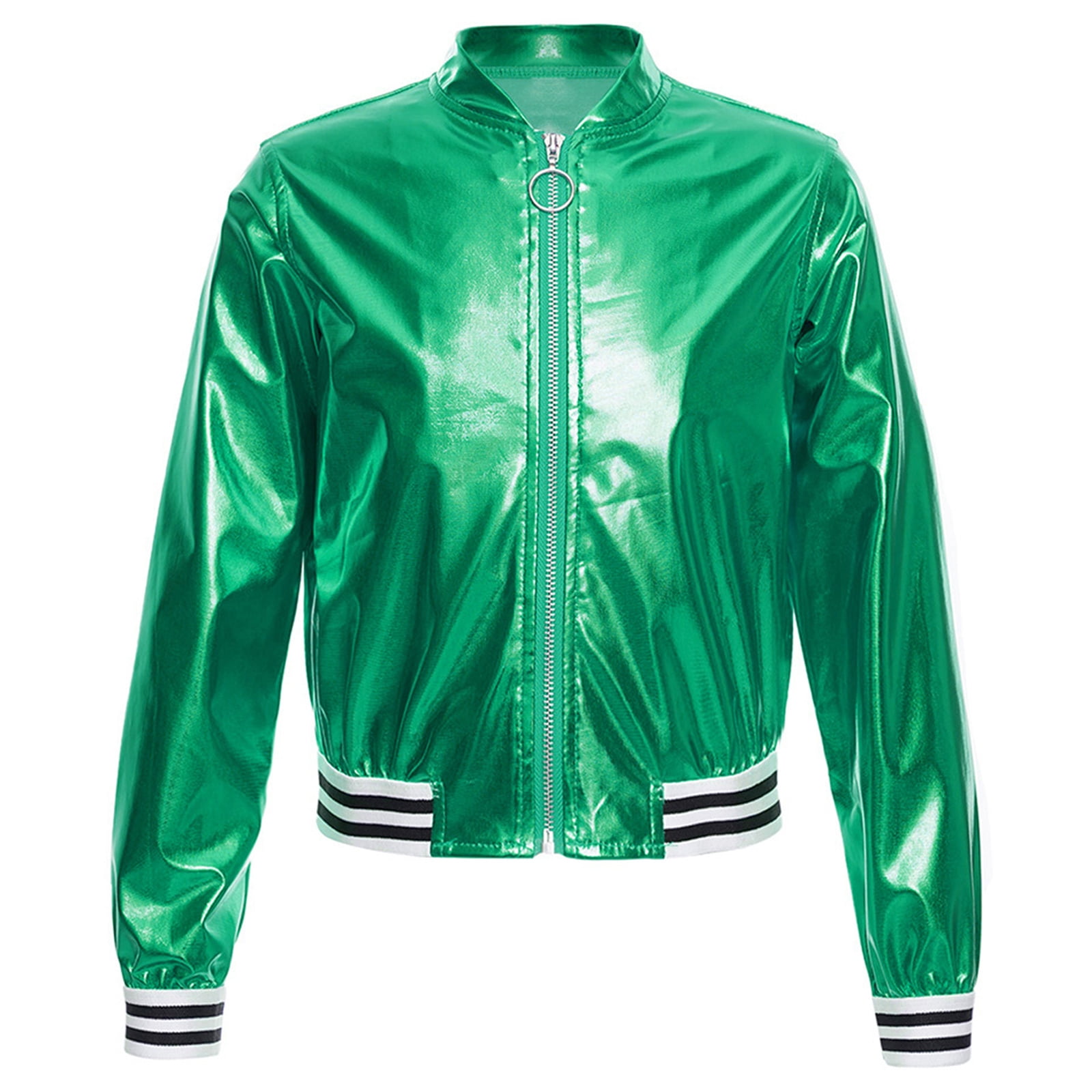 YONGHS Kids Girls Metallic Flight Jacket Long Sleeve Zippered Coat ...