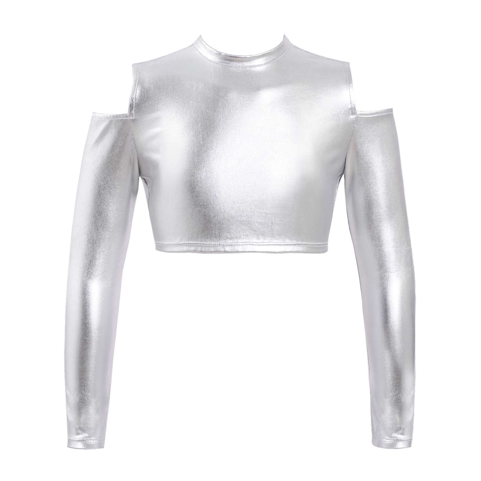 YONGHS Kids Girls Metallic Long Sleeve Off-Shoulder Dance Crop Top Jazz ...