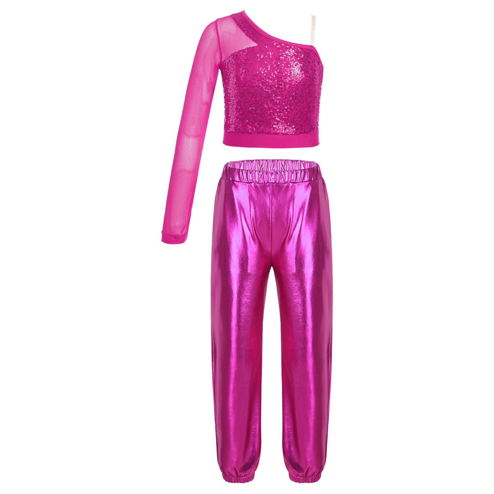 YONGHS Kids Girls One Shoulder Crop Top with Metallic Harem Pants Hip ...