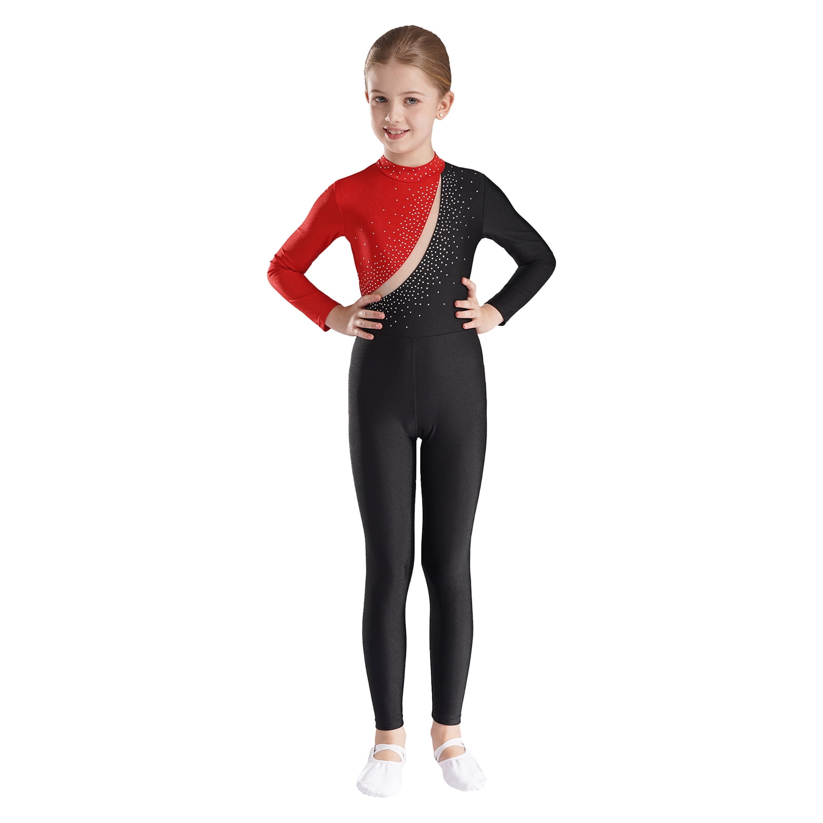 YONGHS Kids Girls Rhinestone Color Block Gymnastics Leotard Jumpsuit ...