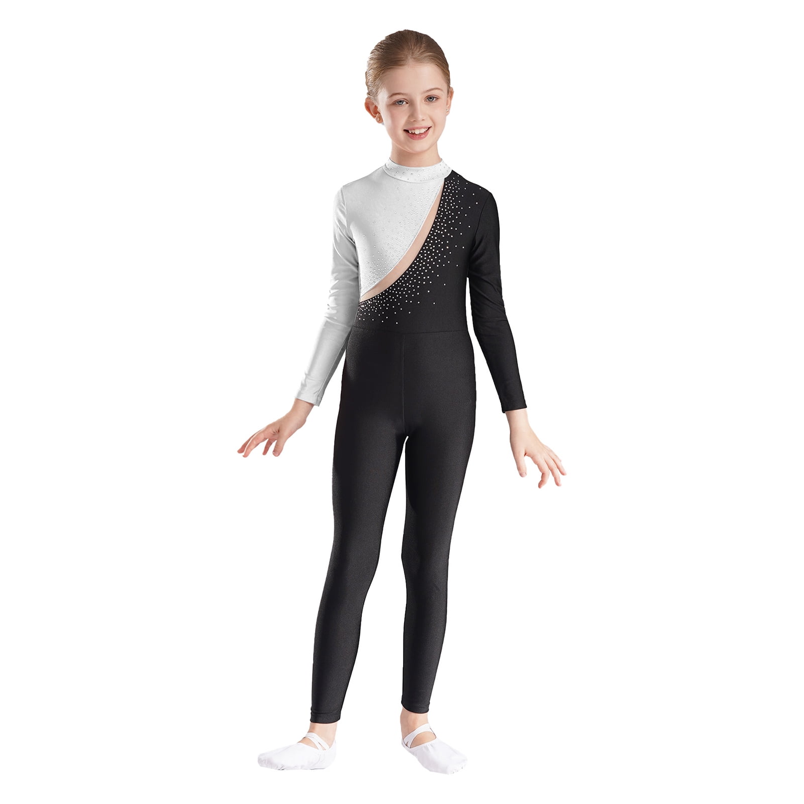 YONGHS Kids Girls Rhinestone Color Block Gymnastics Leotard Jumpsuit ...