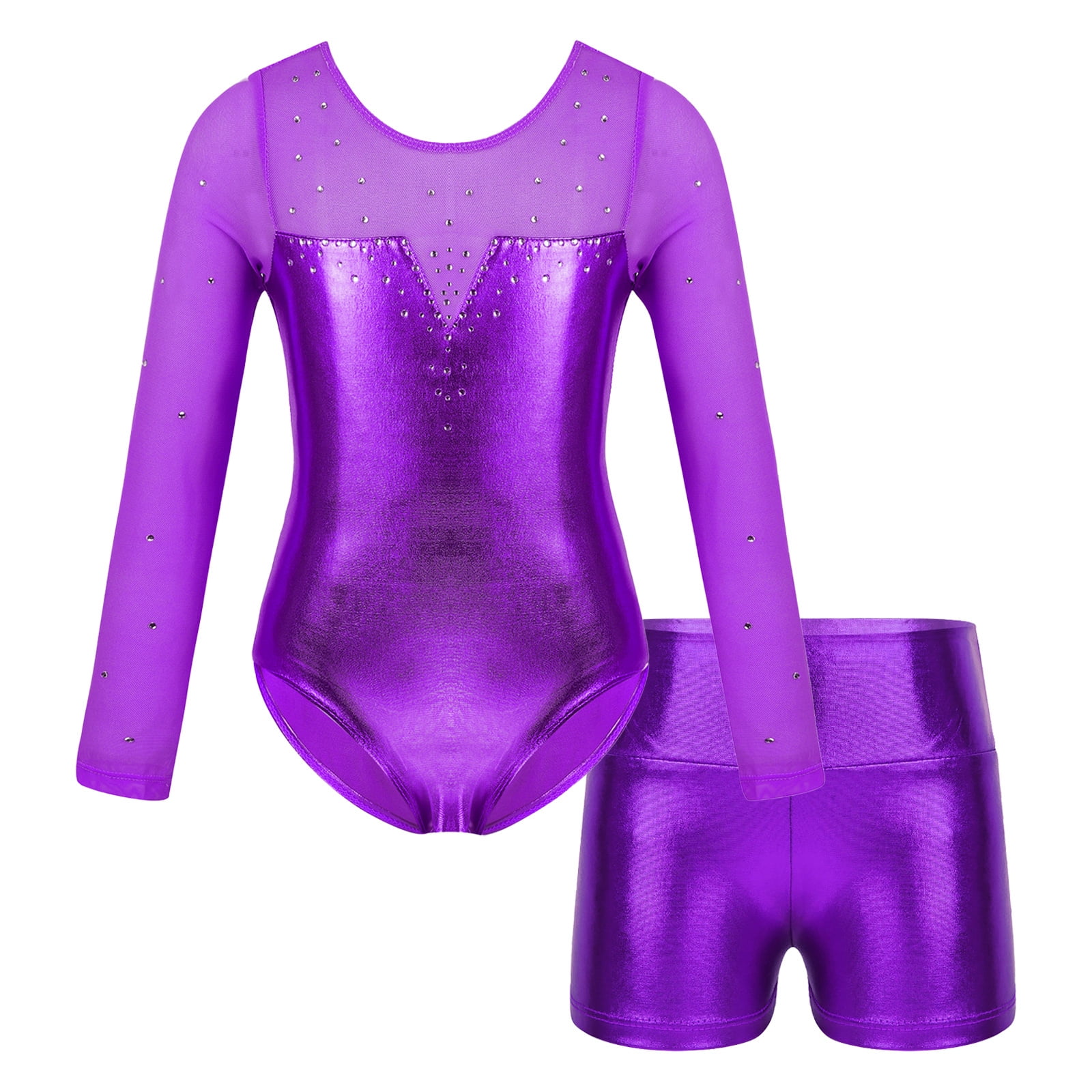 YONGHS Kids Girls Rhinestone Long Sleeve Dance Gymnastic Metallic ...