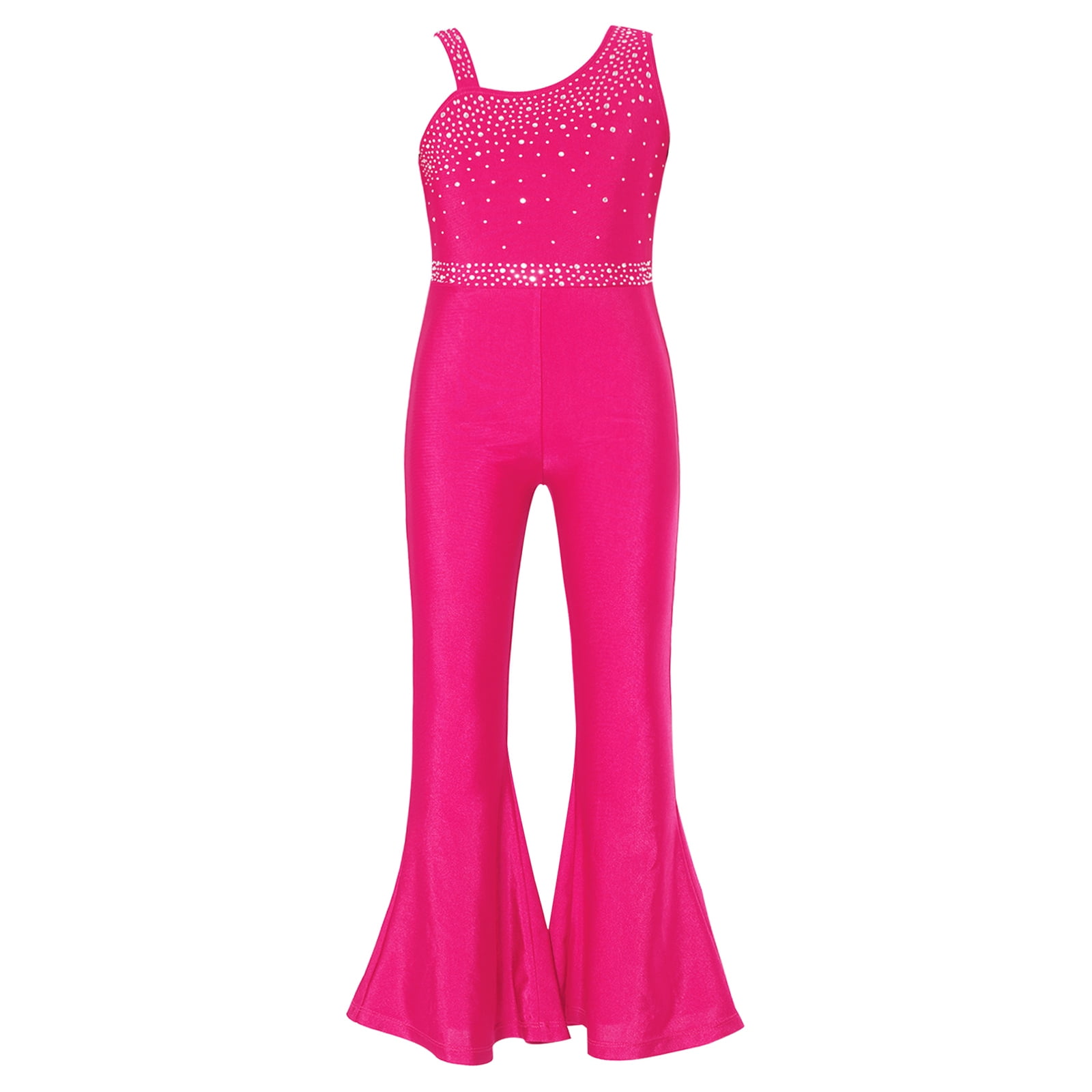 YONGHS Kids Girls Rhinestone One Shoulder Wide Leg Bell Bottom Jumpsuit ...