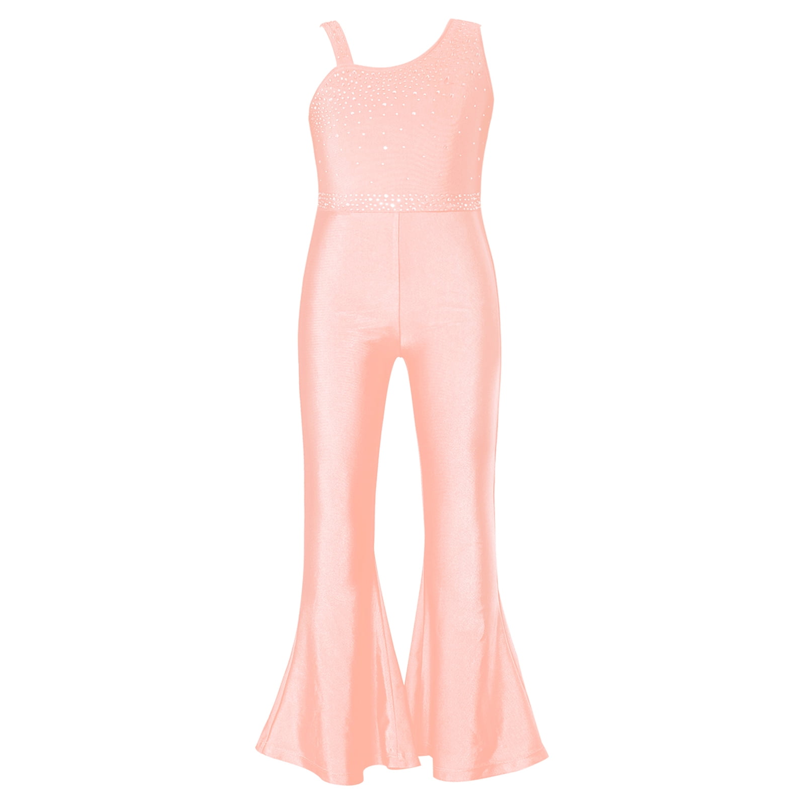 YONGHS Kids Girls Rhinestone One Shoulder Wide Leg Bell Bottom Jumpsuit ...