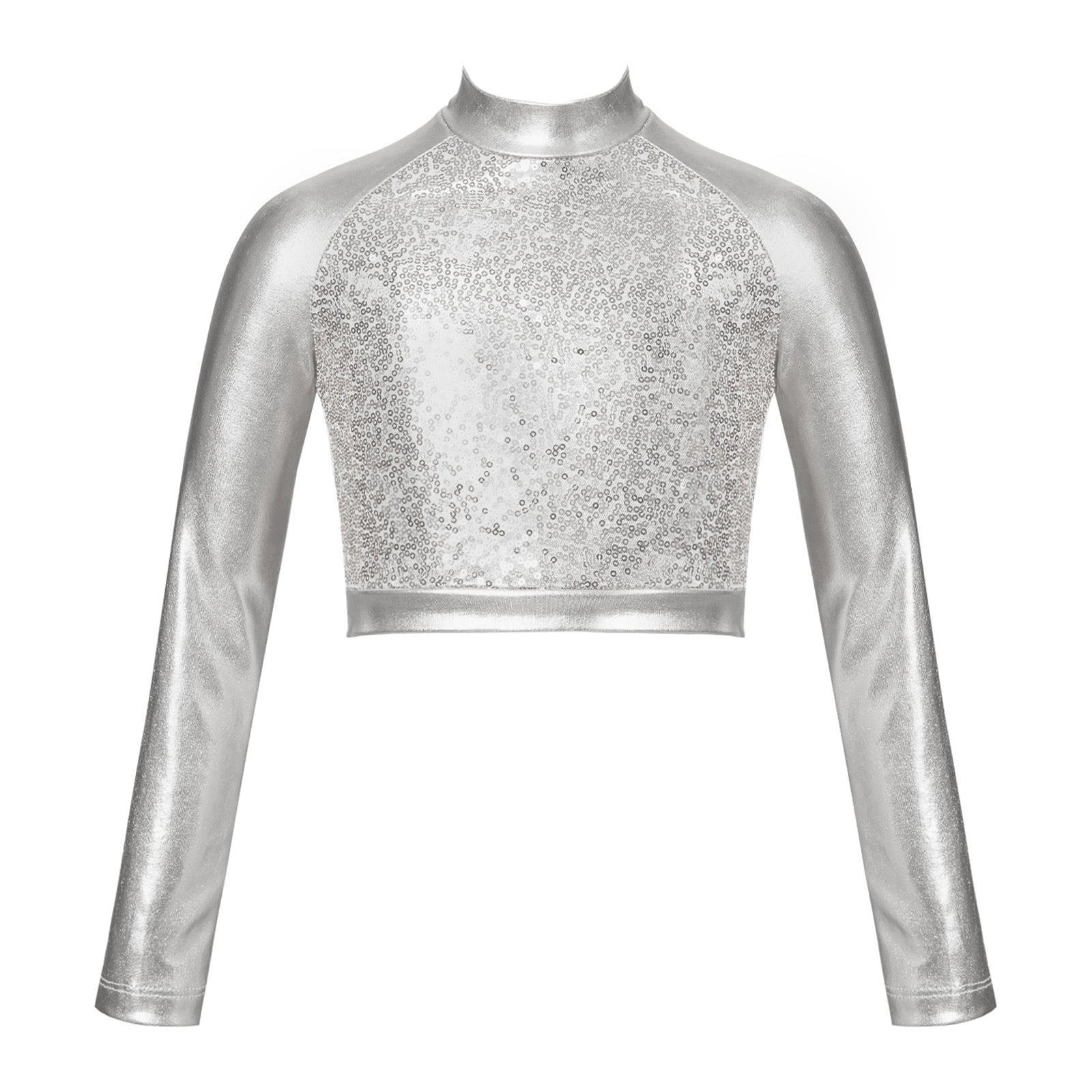 YONGHS Kids Girls Sequin Metallic Long Sleeve Turtleneck Crop Top Hip ...