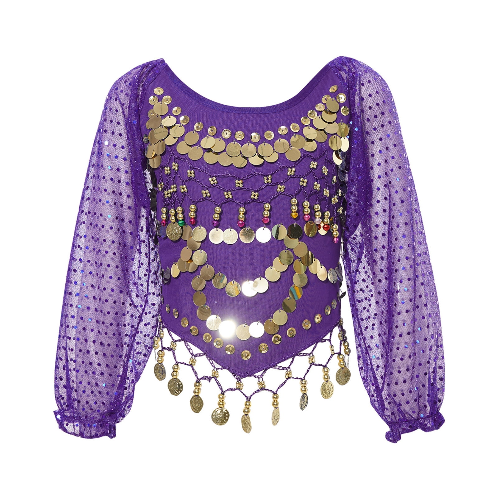 YONGHS Kids Girls Sequined Beaded Tassel Belly Dance Top 3/4 Sleeve ...