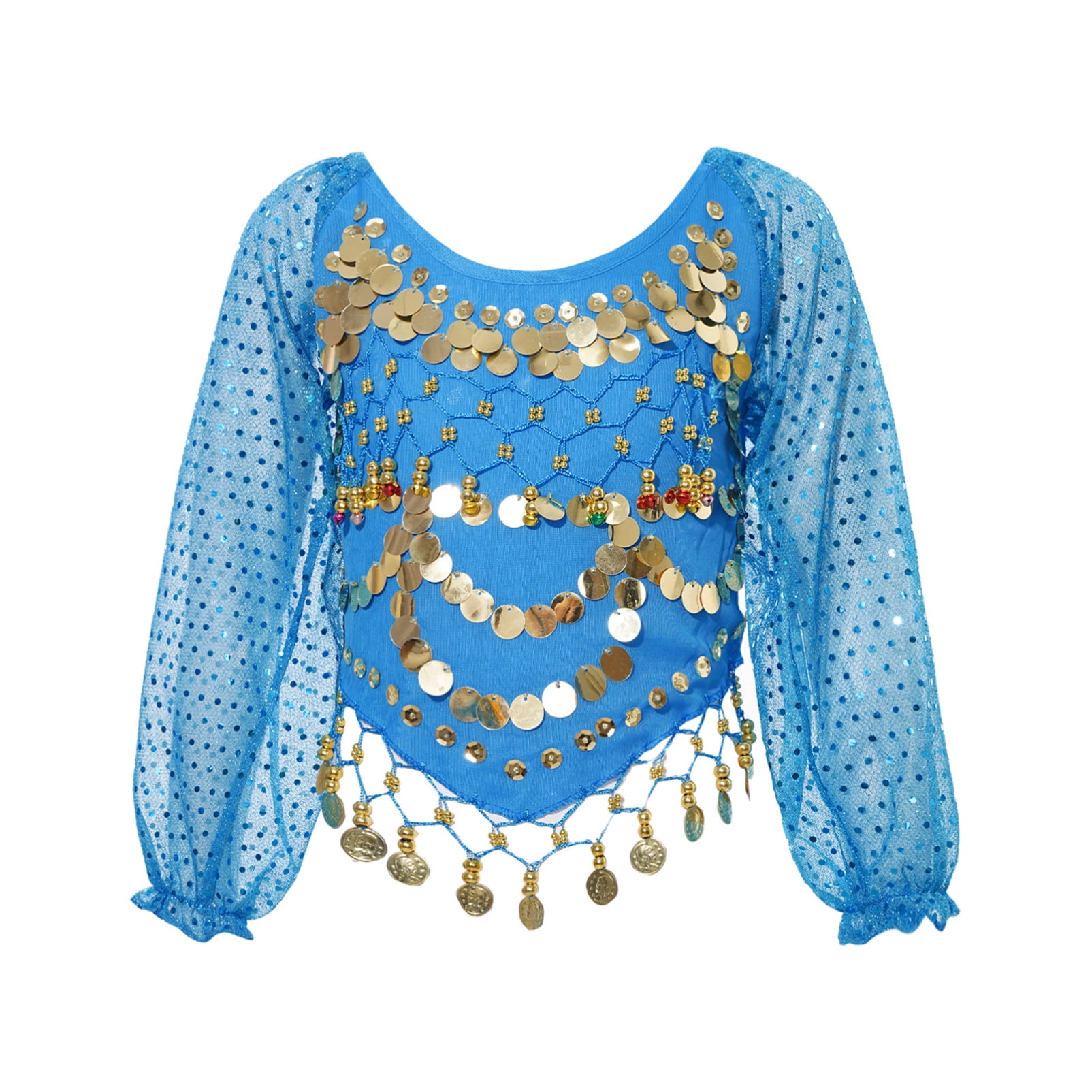 YONGHS Kids Girls Sequined Beaded Tassel Belly Dance Top 3/4 Sleeve ...
