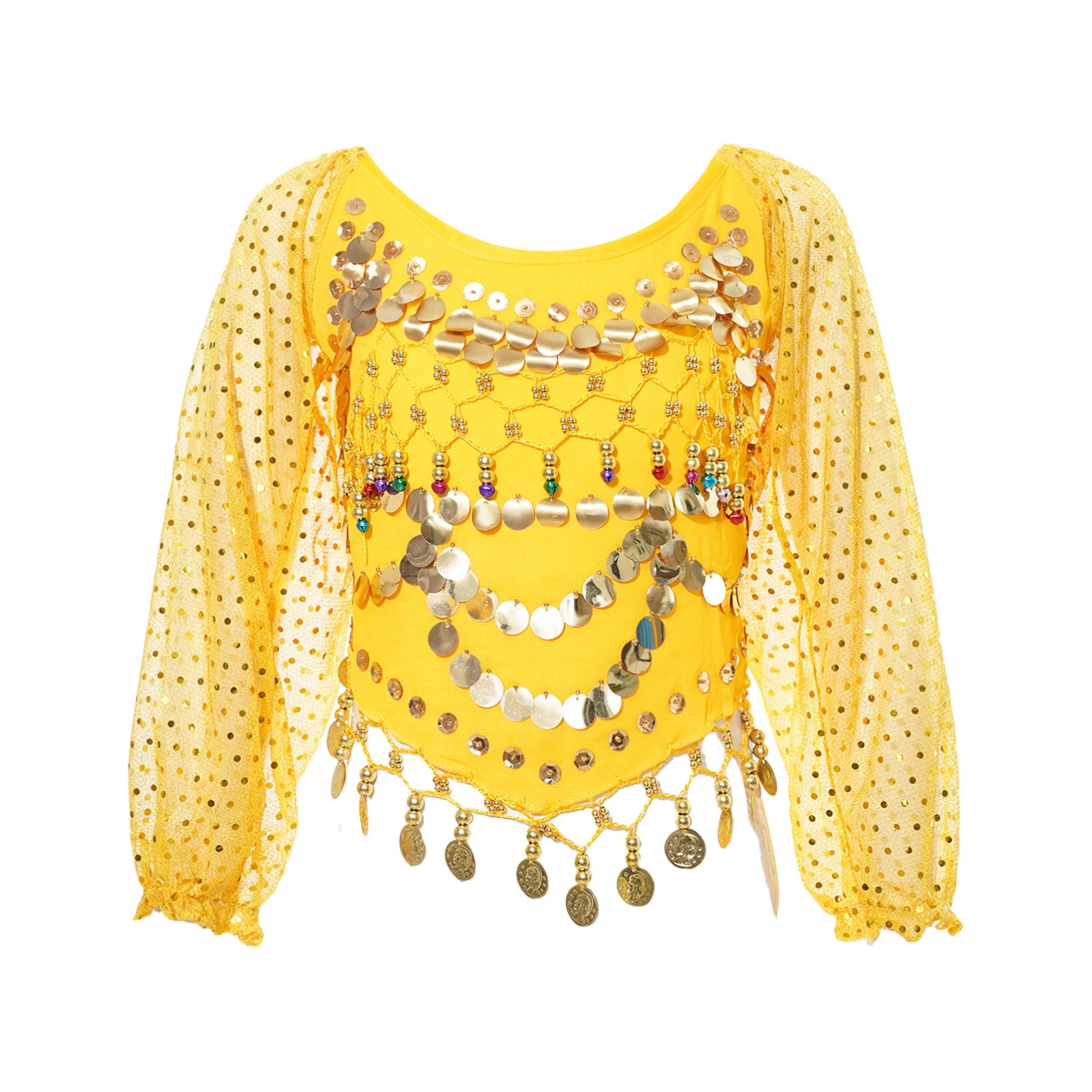 YONGHS Kids Girls Sequined Beaded Tassel Belly Dance Top 3/4 Sleeve ...