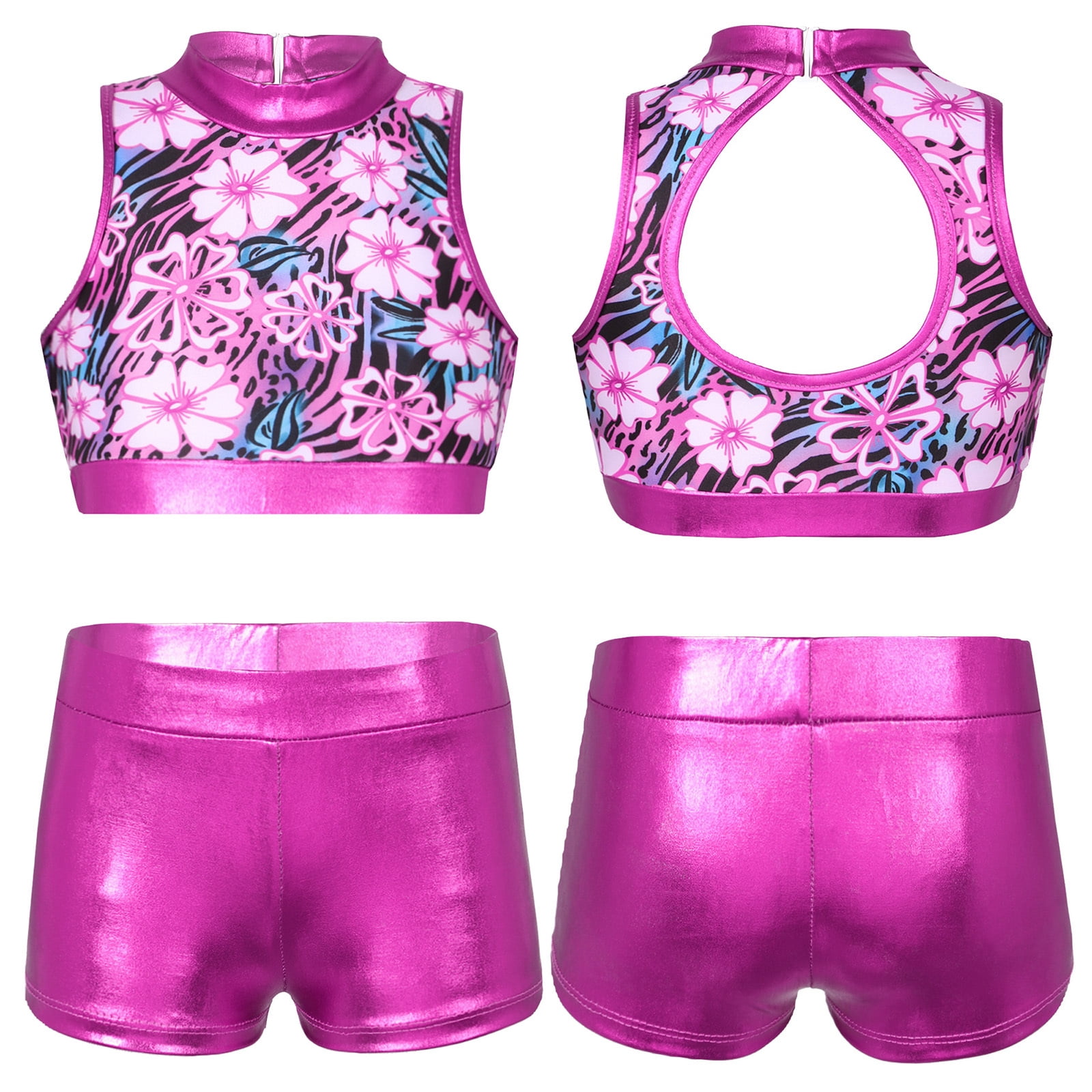 YONGHS Kids Girls Sequins Cutout Back Crop Top with Metallic Bottoms ...