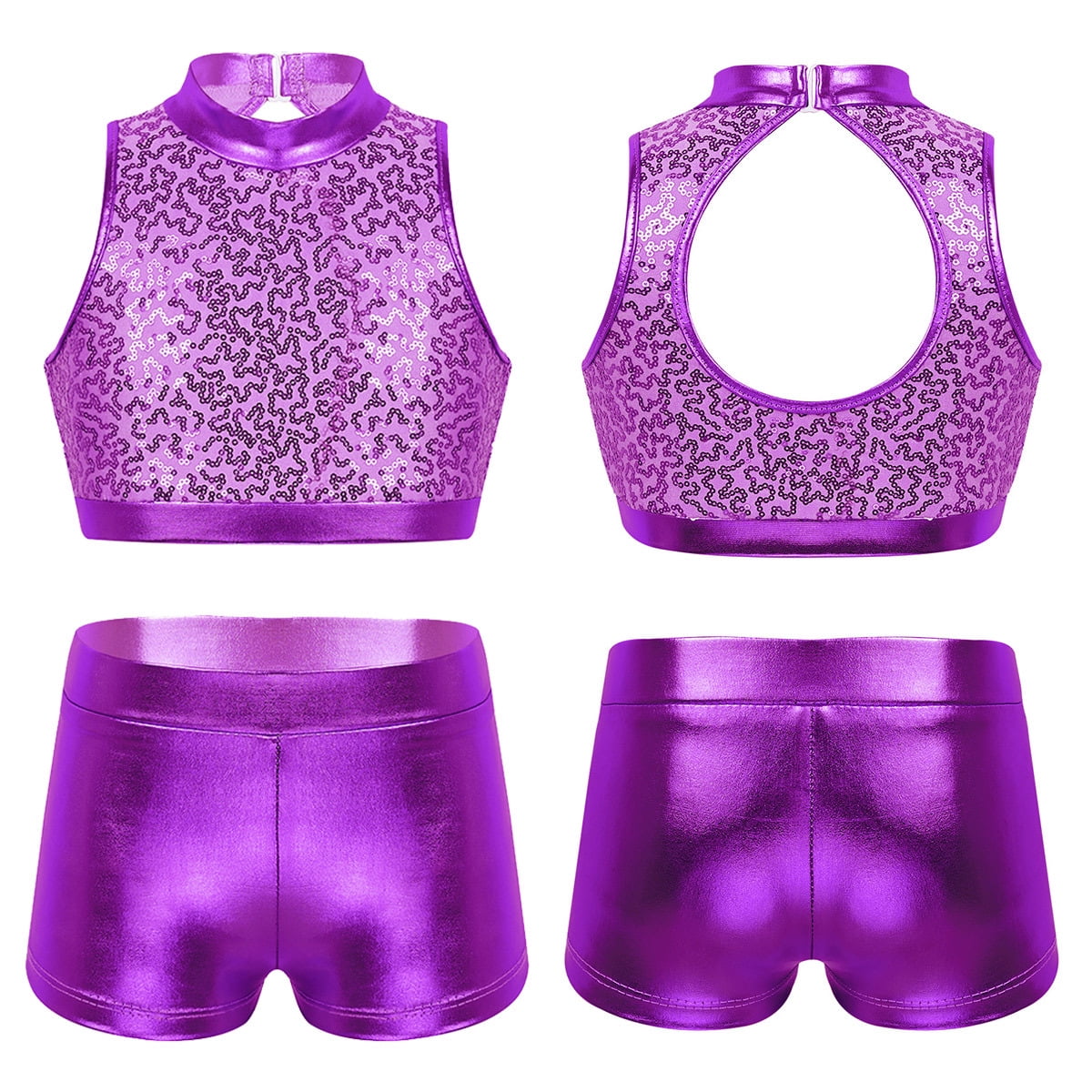 YONGHS Kids Girls Sequins Cutout Back Crop Top with Metallic Bottoms ...