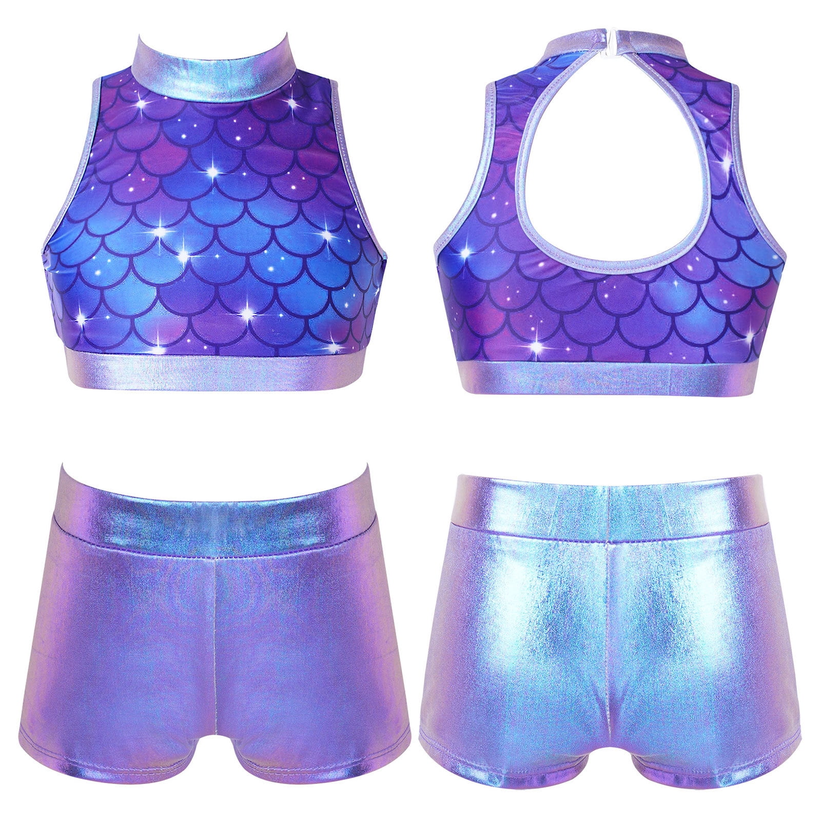 YONGHS Kids Girls Sequins Cutout Back Crop Top with Metallic Bottoms ...