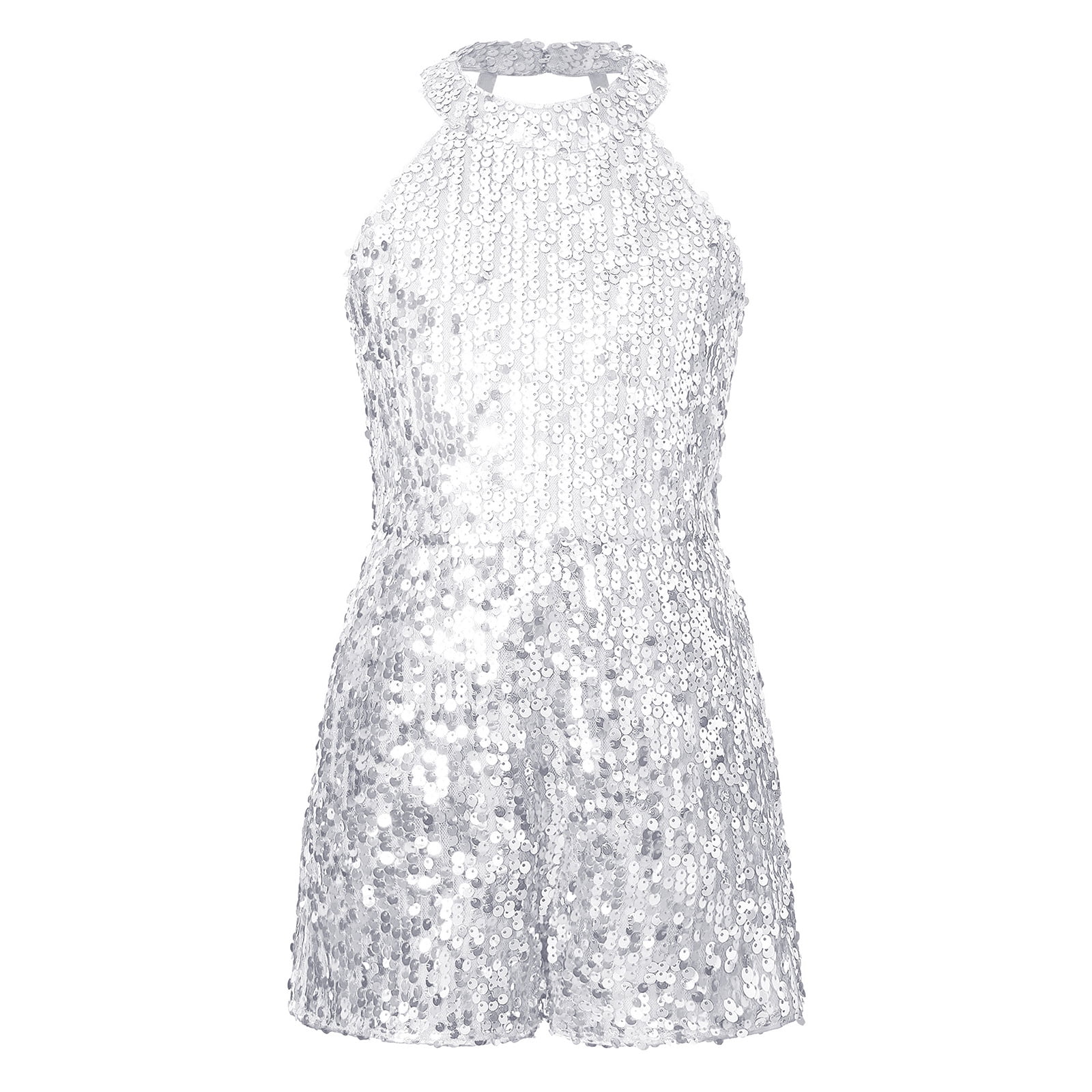 YONGHS Kids Girls Sequins Dancewear Costume, Halter Neck Romper, Silver ...
