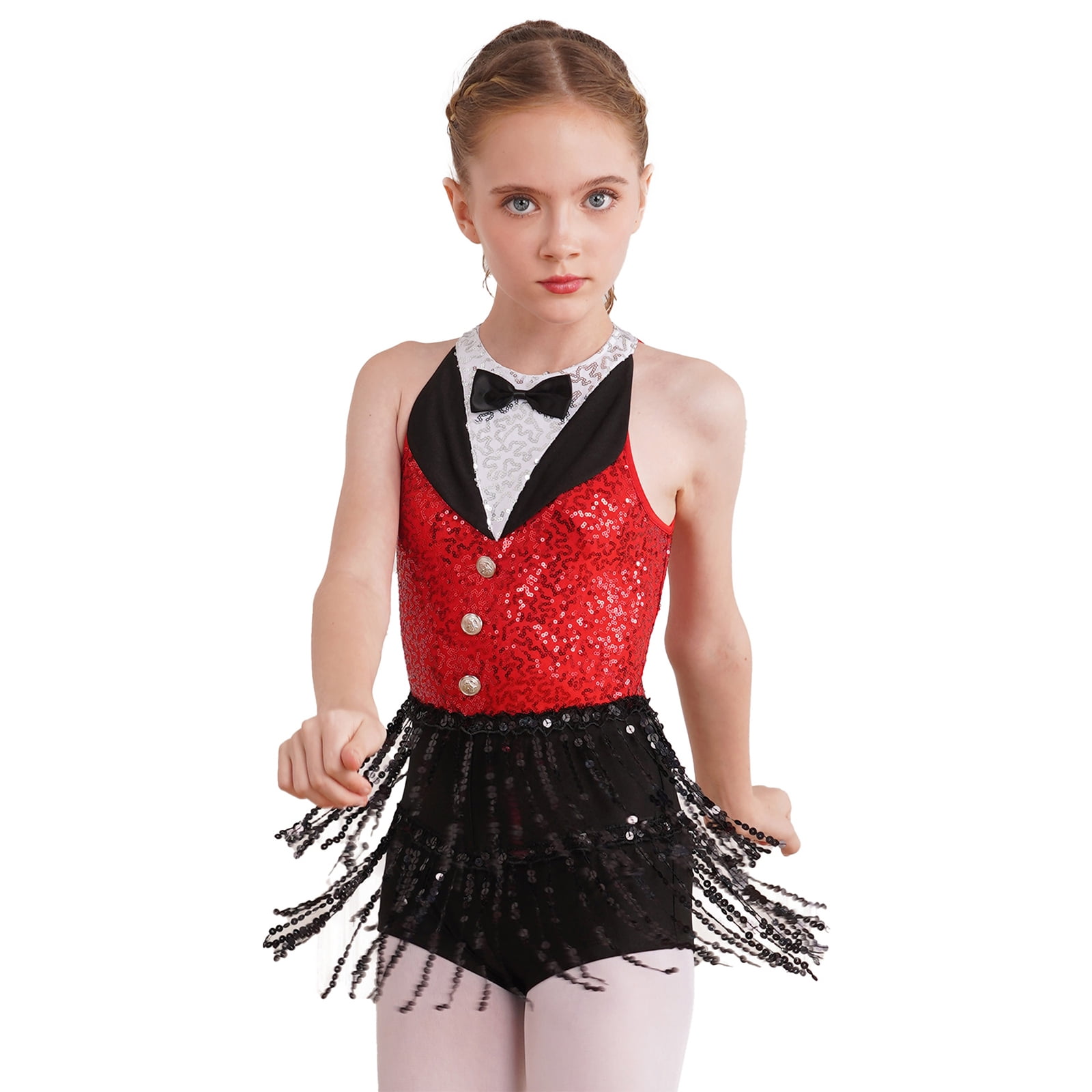 YONGHS Kids Girls Sequins Dance Tassel Dress for Teens Ballet Latin ...