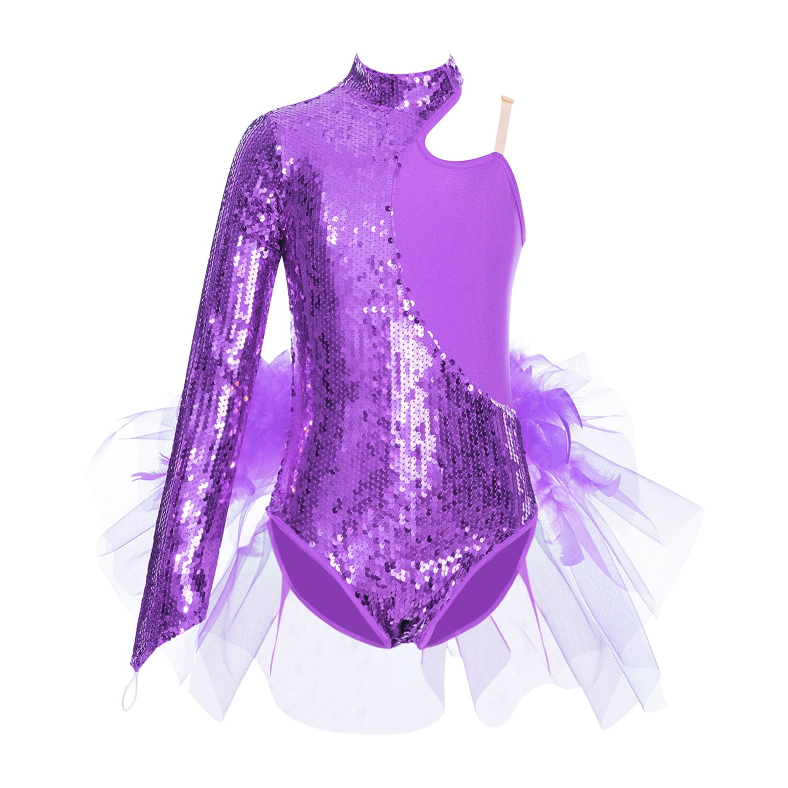 YONGHS Kids Girls Sequins Feather Tulle Skirted Leotard Unitard Latin ...