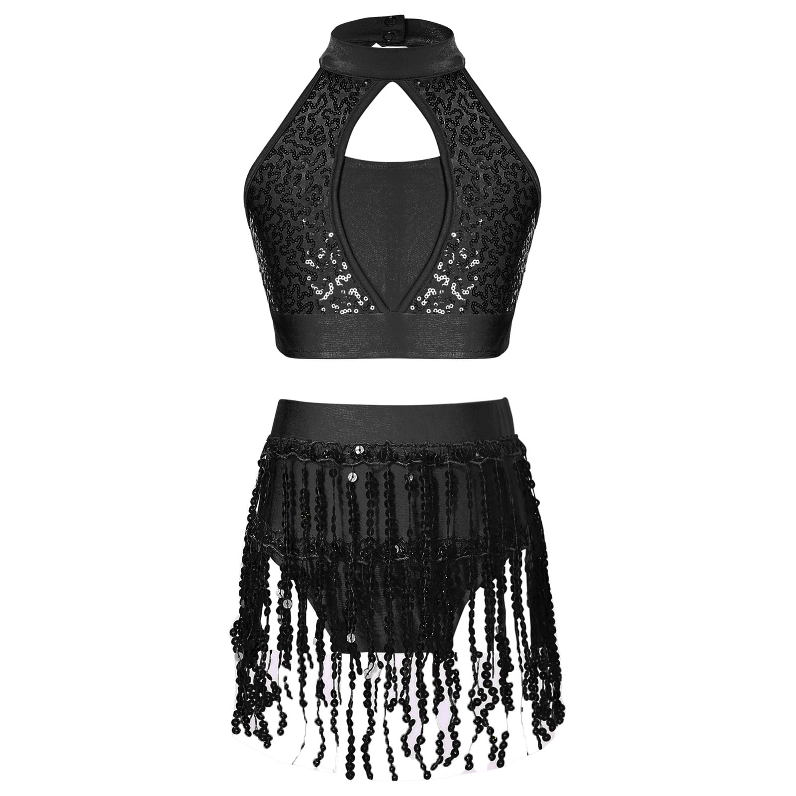 YONGHS Kids Girls Sequins Halter Crop Top with Fringe Shorts Latin ...