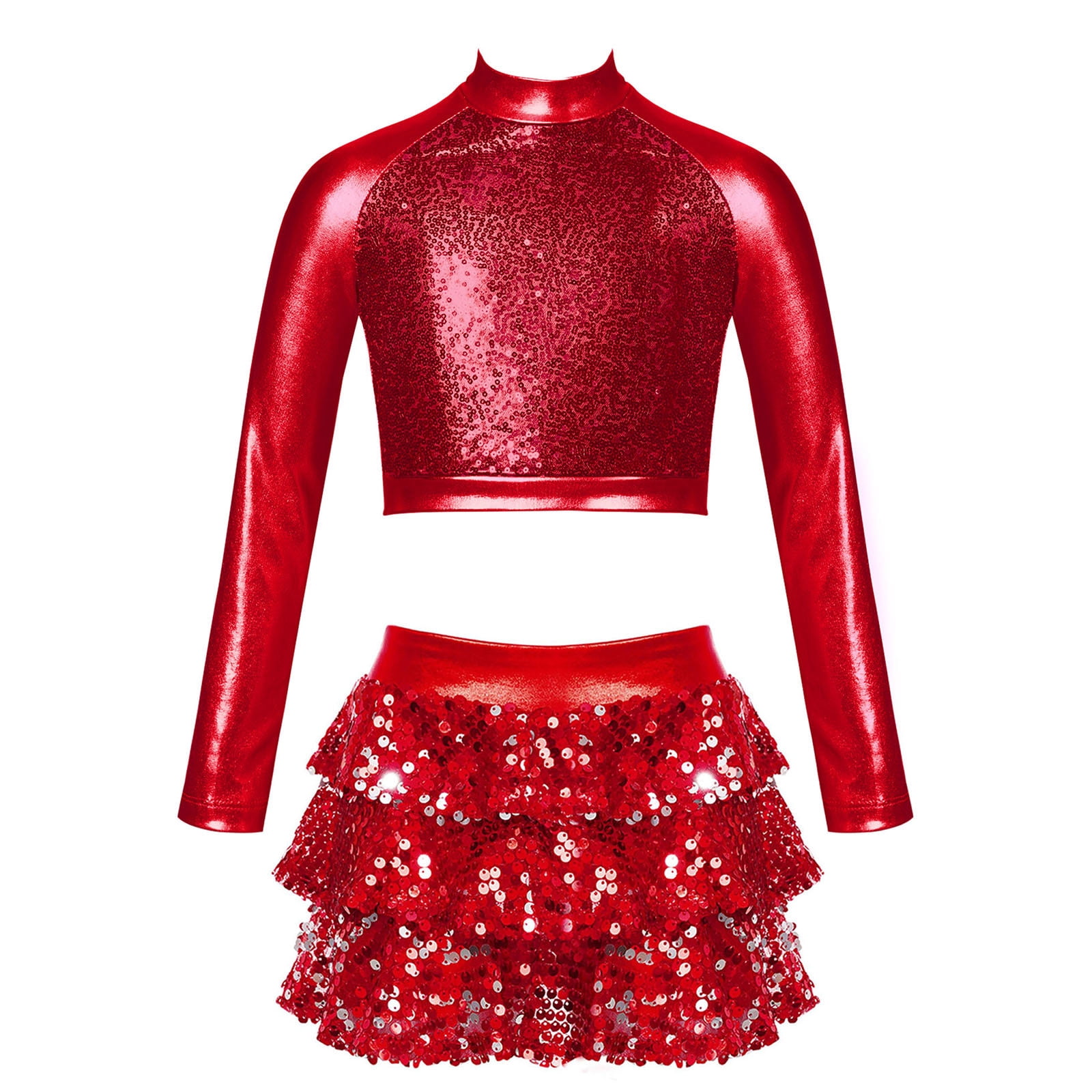YONGHS Kids Girls Sequins Long Sleeve Crop Top with Shorts Culottes ...