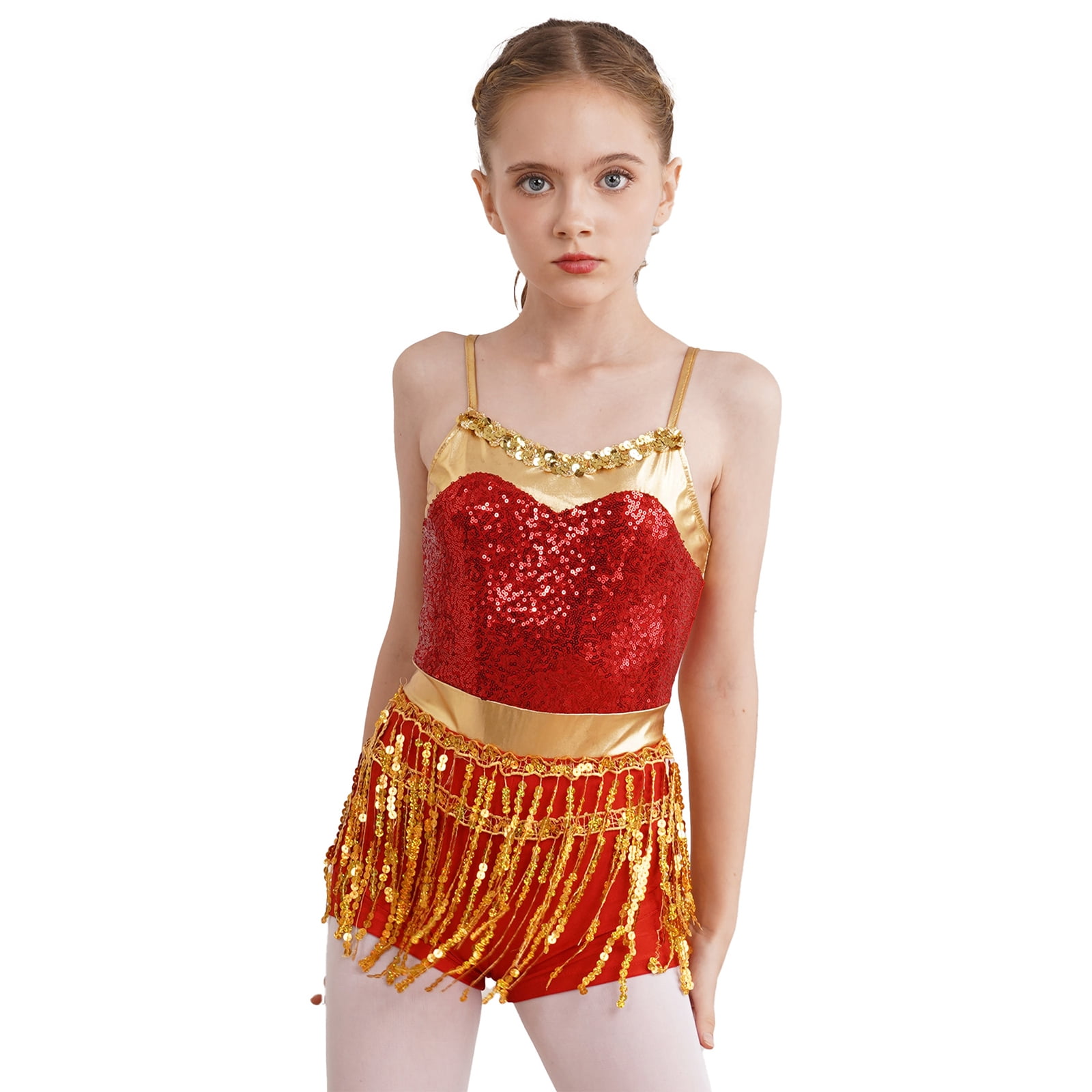 YONGHS Kids Girls Sequins Sleeveless Leotard Fringed Tassels Dress ...