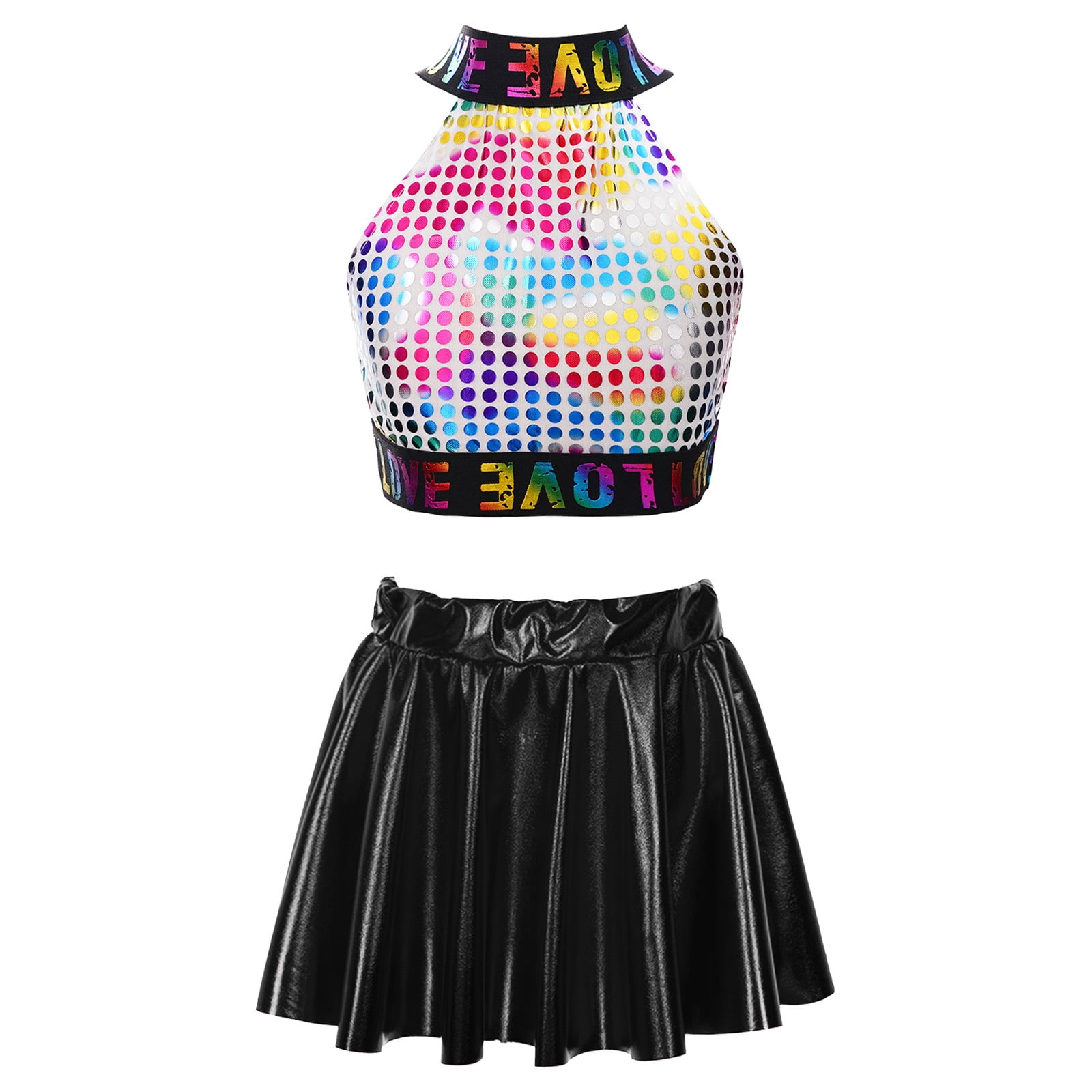 YONGHS Kids Girls Shiny Dance Outfits Sequin Crop Tops with Skirt Jazz ...