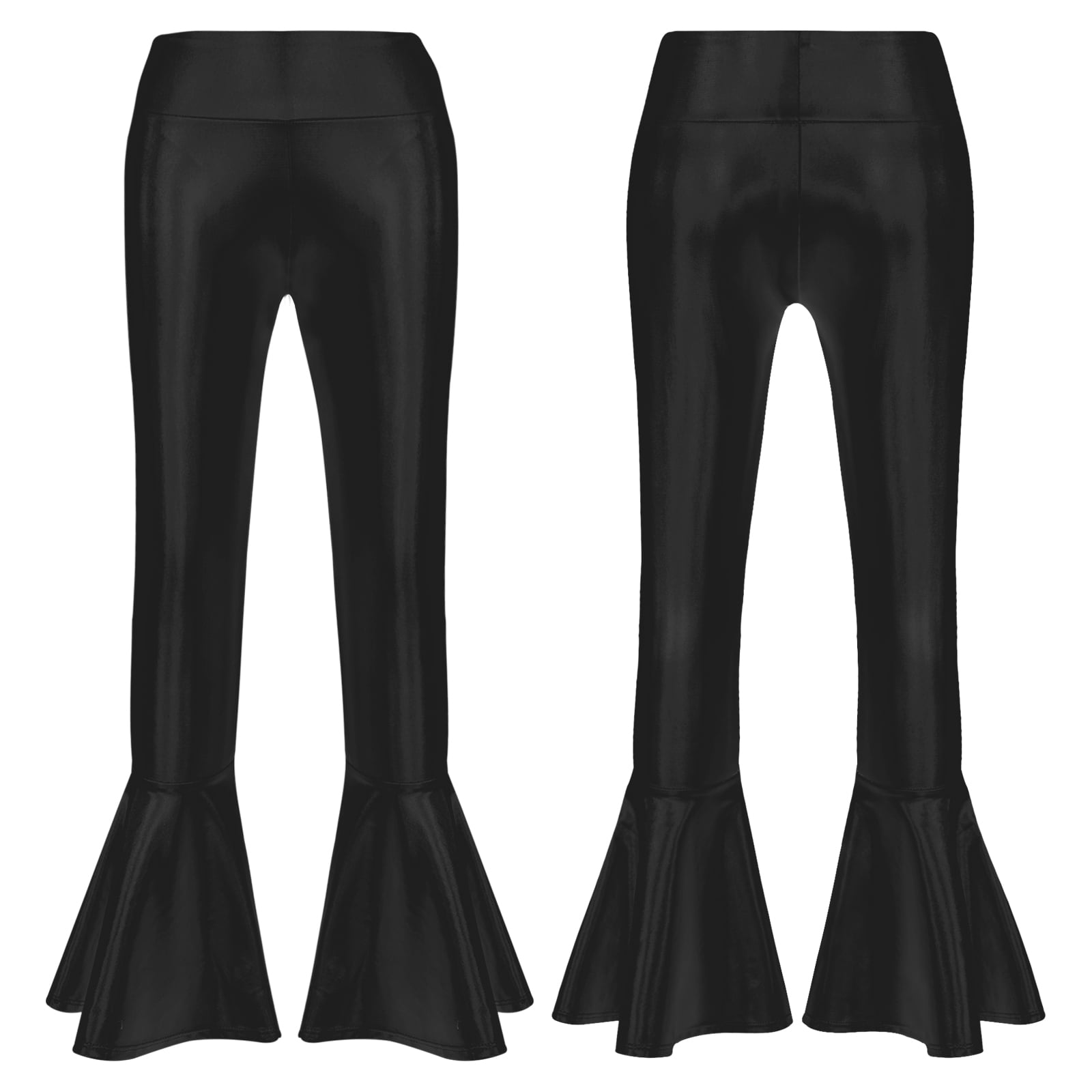 YONGHS Kids Girls Shiny Dance Trousers Ruffle Hem Bell-bottom Jazz High ...
