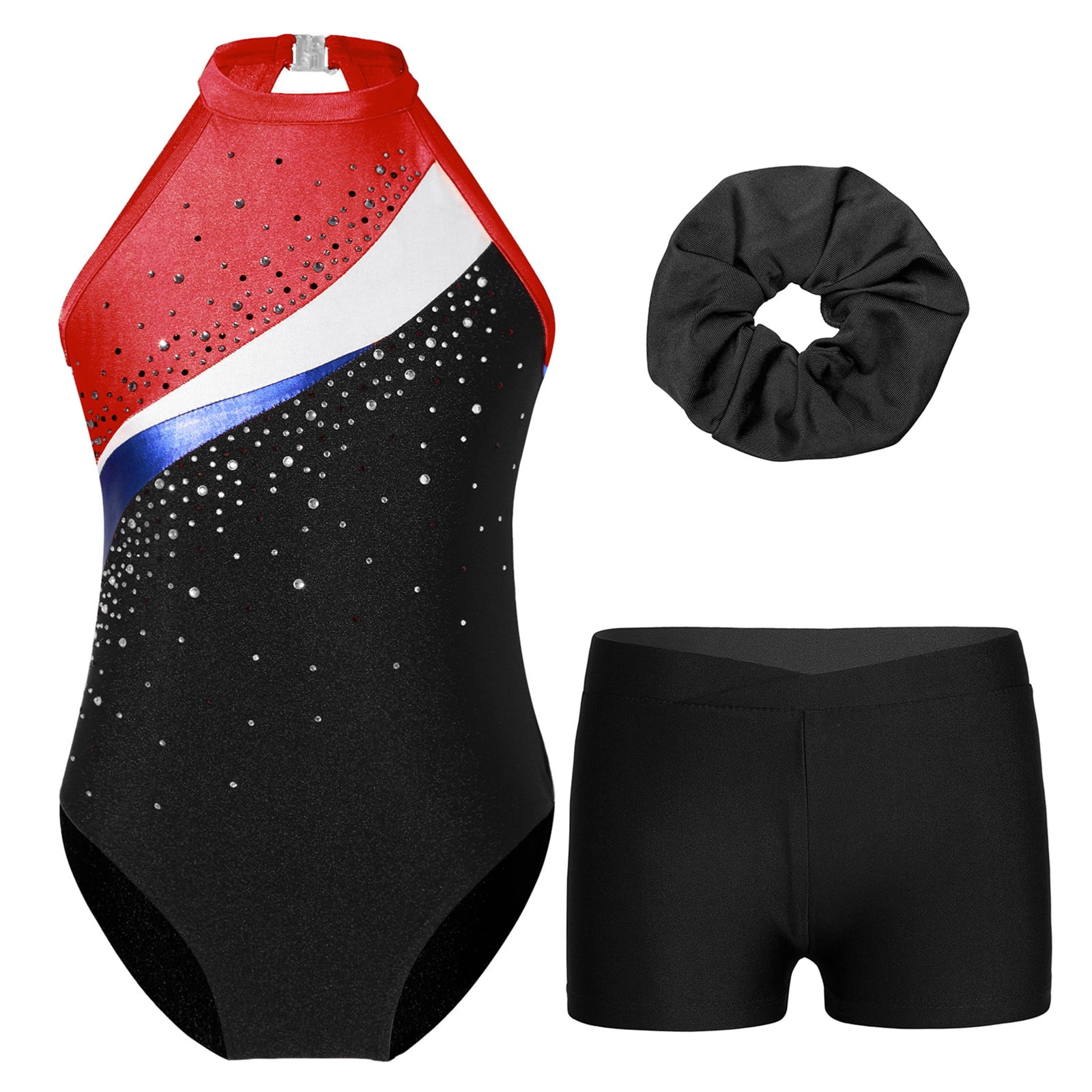 YONGHS Kids Girls Shiny Gymnastics Leotard with Athletic Shorts Hair ...