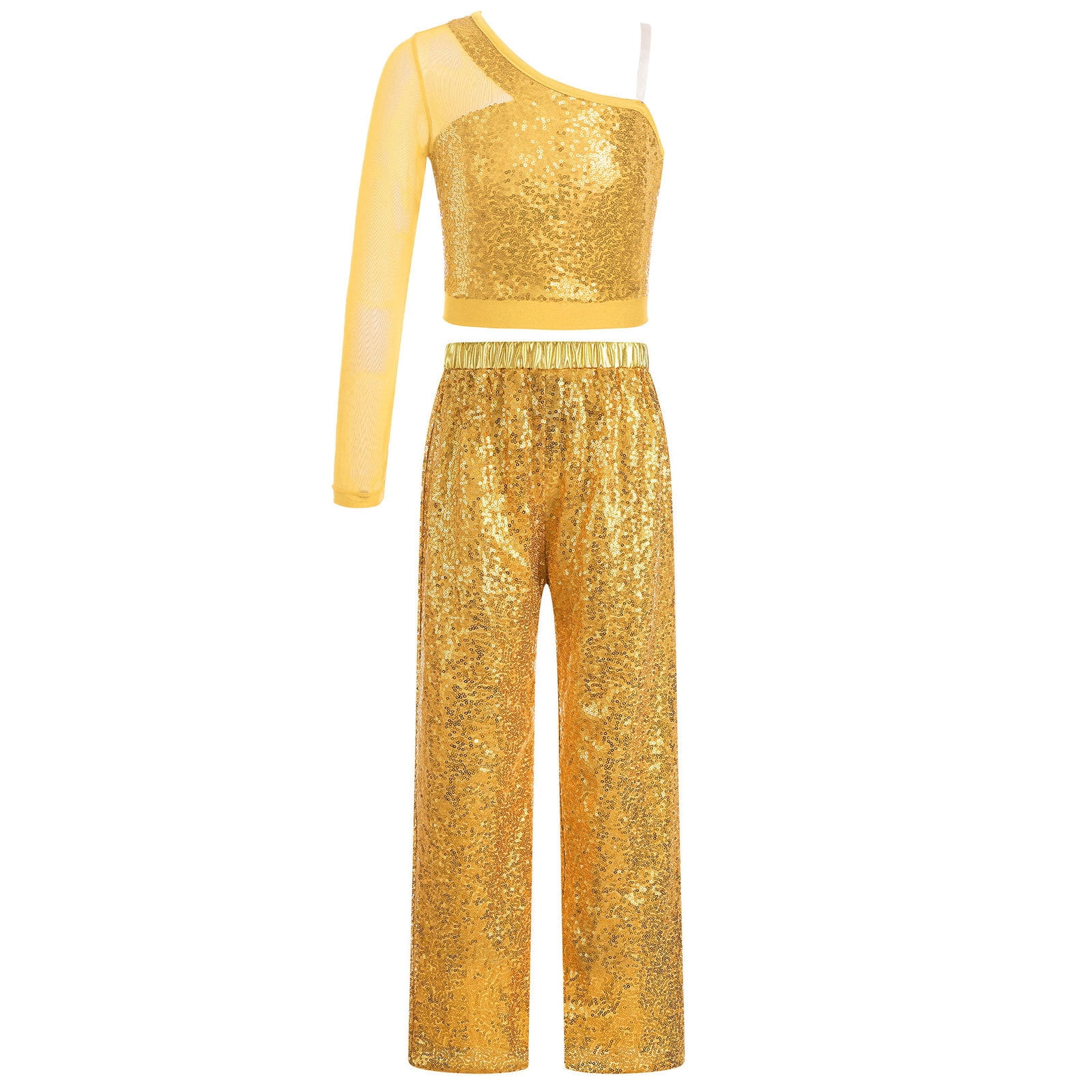 YONGHS Kids Girls Shiny Hip Hop Dance Outfits One Shoulder Crop Top ...