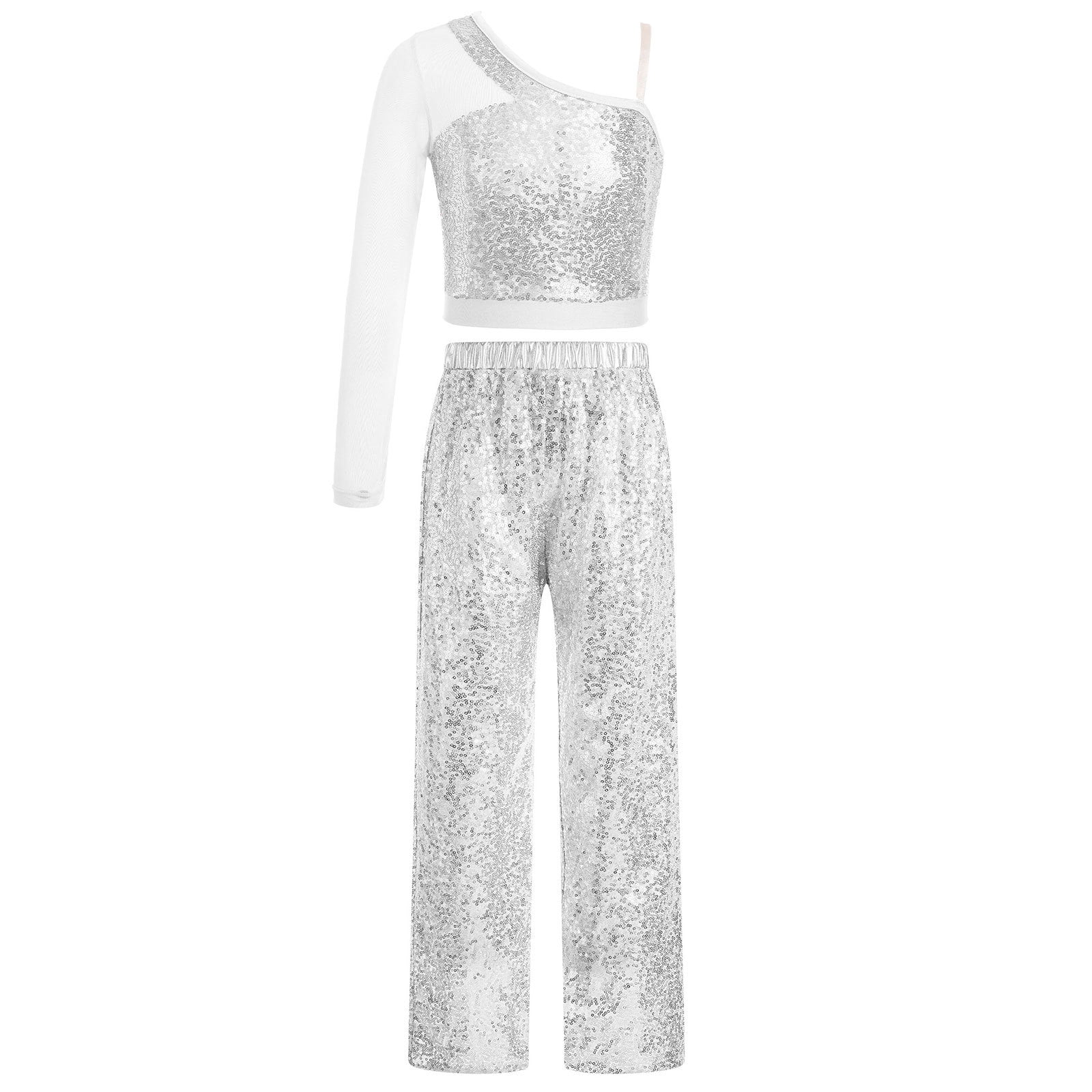 YONGHS Kids Girls Shiny Hip Hop Dance Outfits One Shoulder Crop Top ...