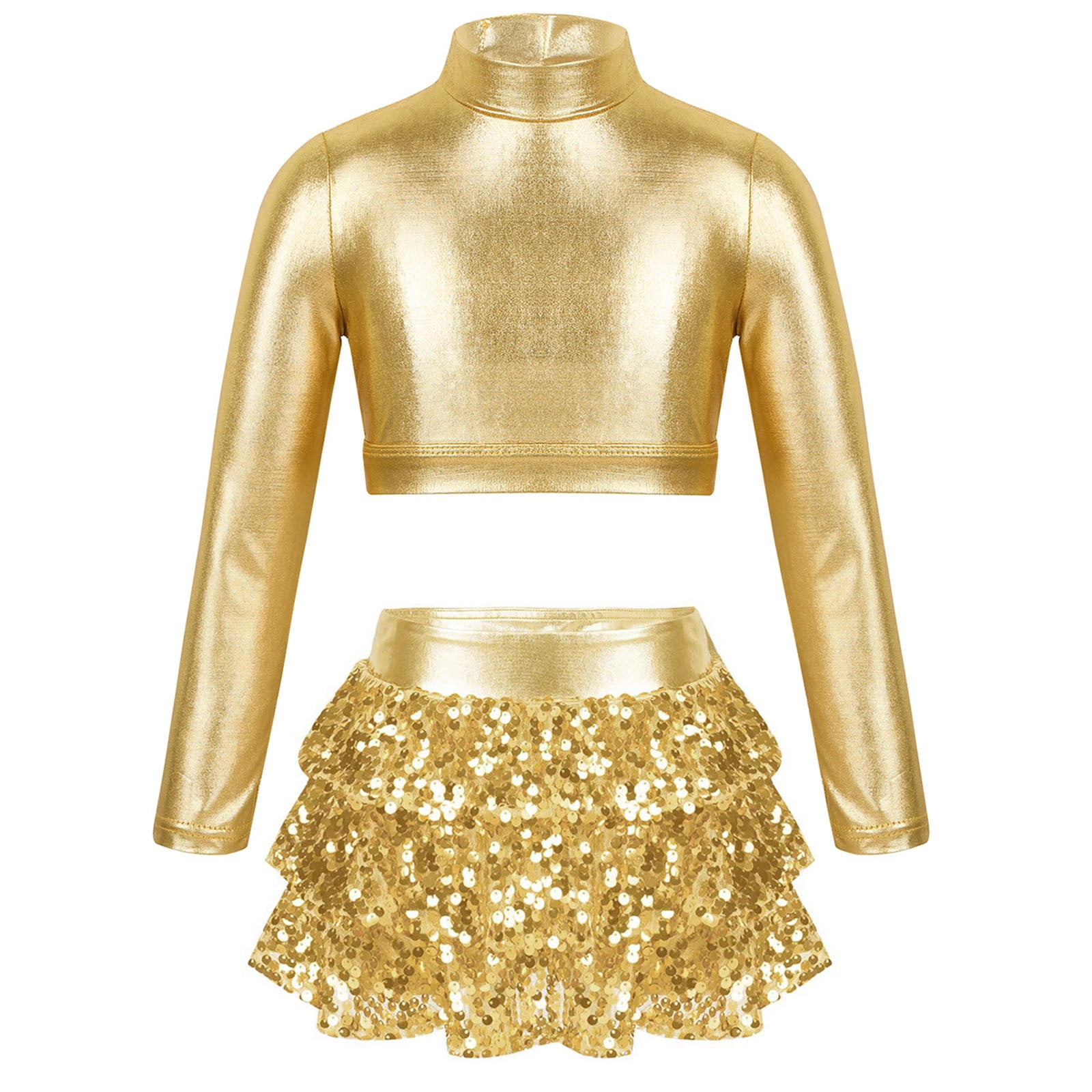 YONGHS Kids Girls Shiny Metallic Crop Top with Skirted Shorts Set Hip ...