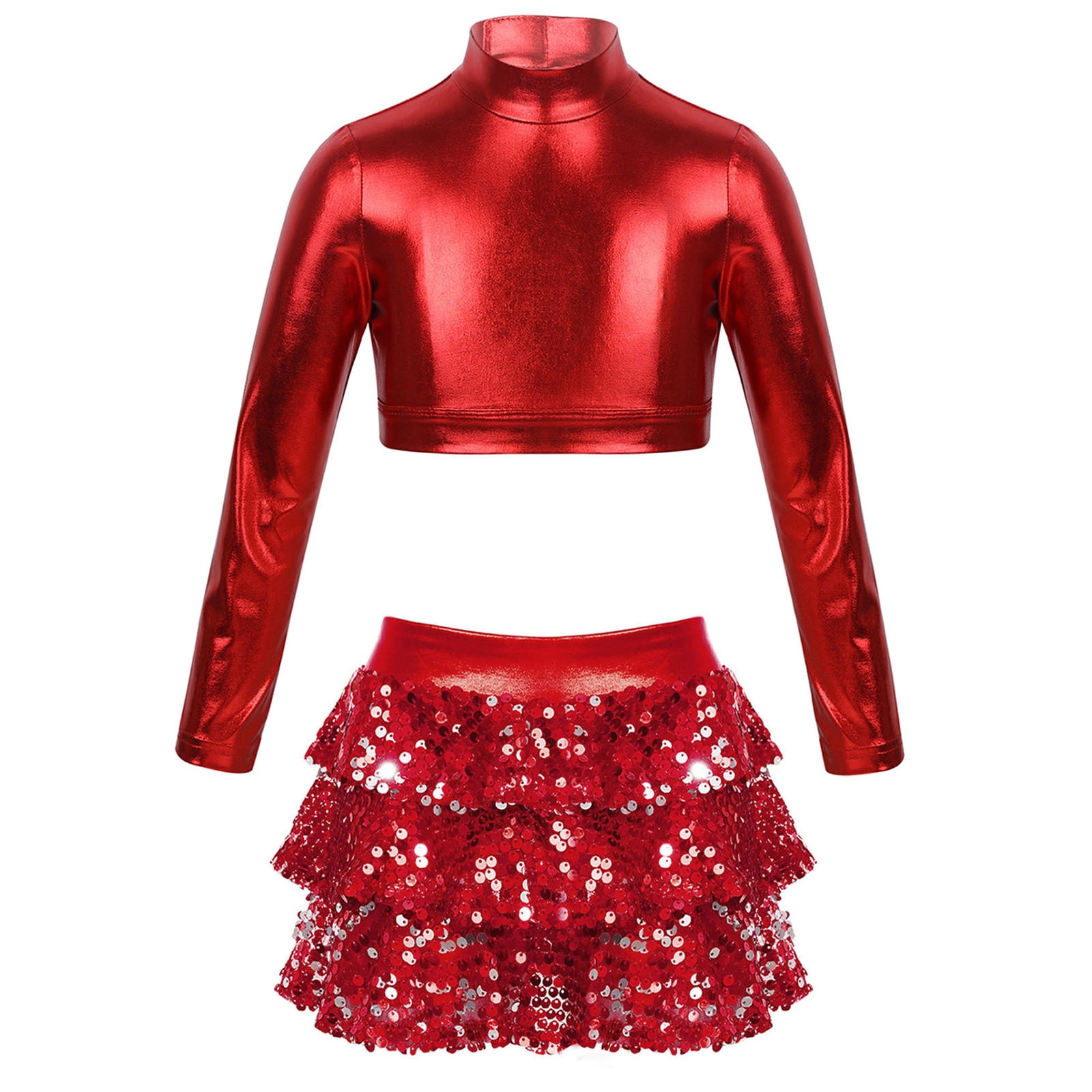YONGHS Kids Girls Shiny Metallic Crop Top with Skirted Shorts Set Hip ...