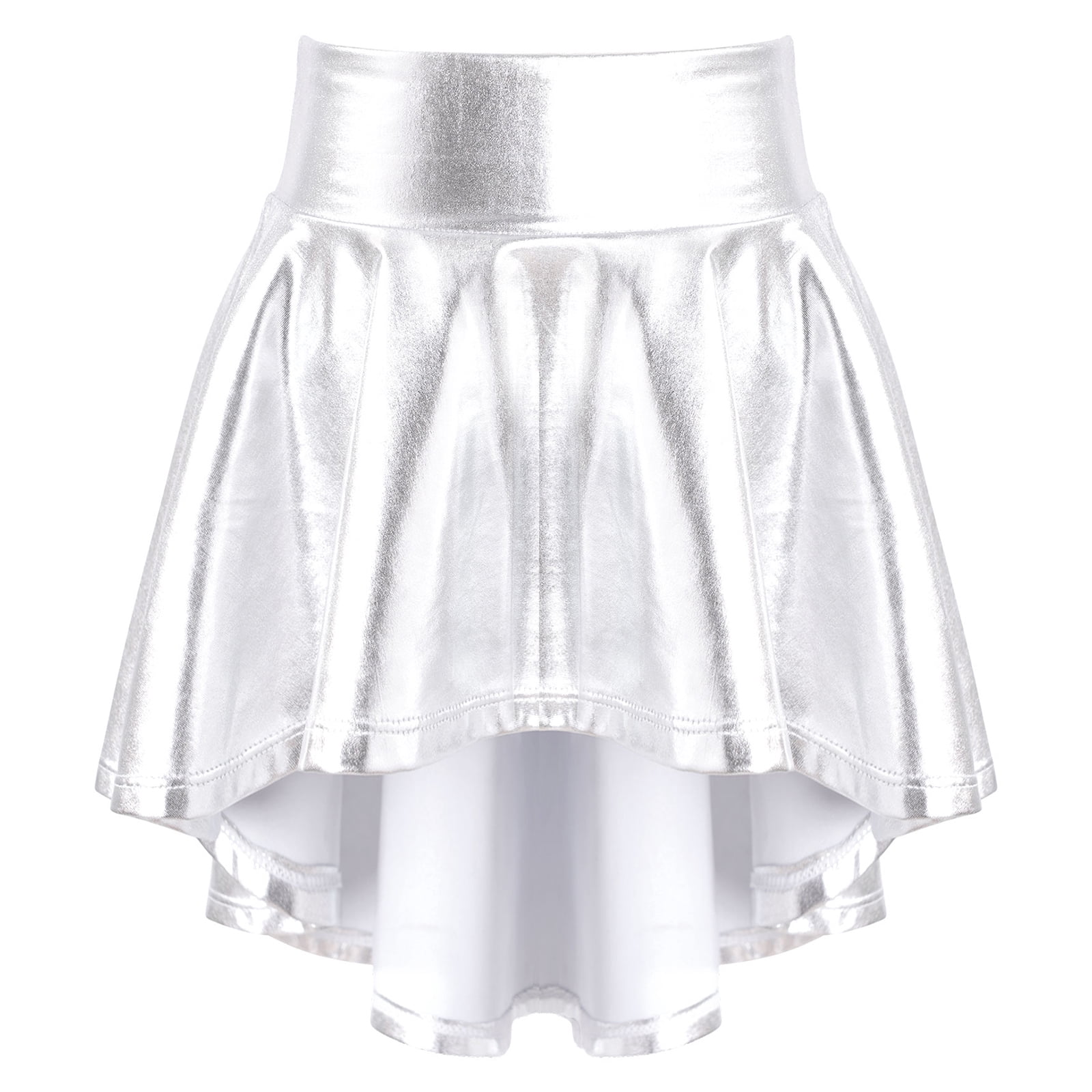YONGHS Kids Girls Shiny Metallic High-Low Pleated Flare Skirts Dance ...