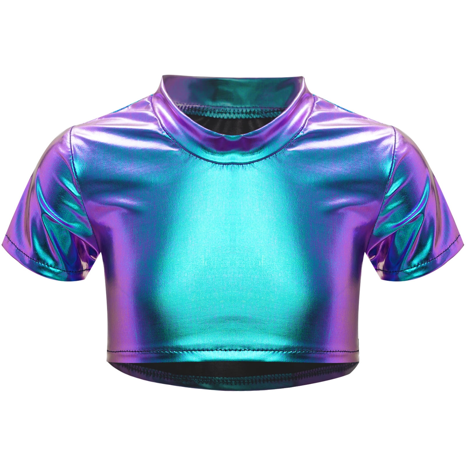 YONGHS Kids Girls Shiny Metallic Short Sleeve T-shirt Crop Tops Jazz ...