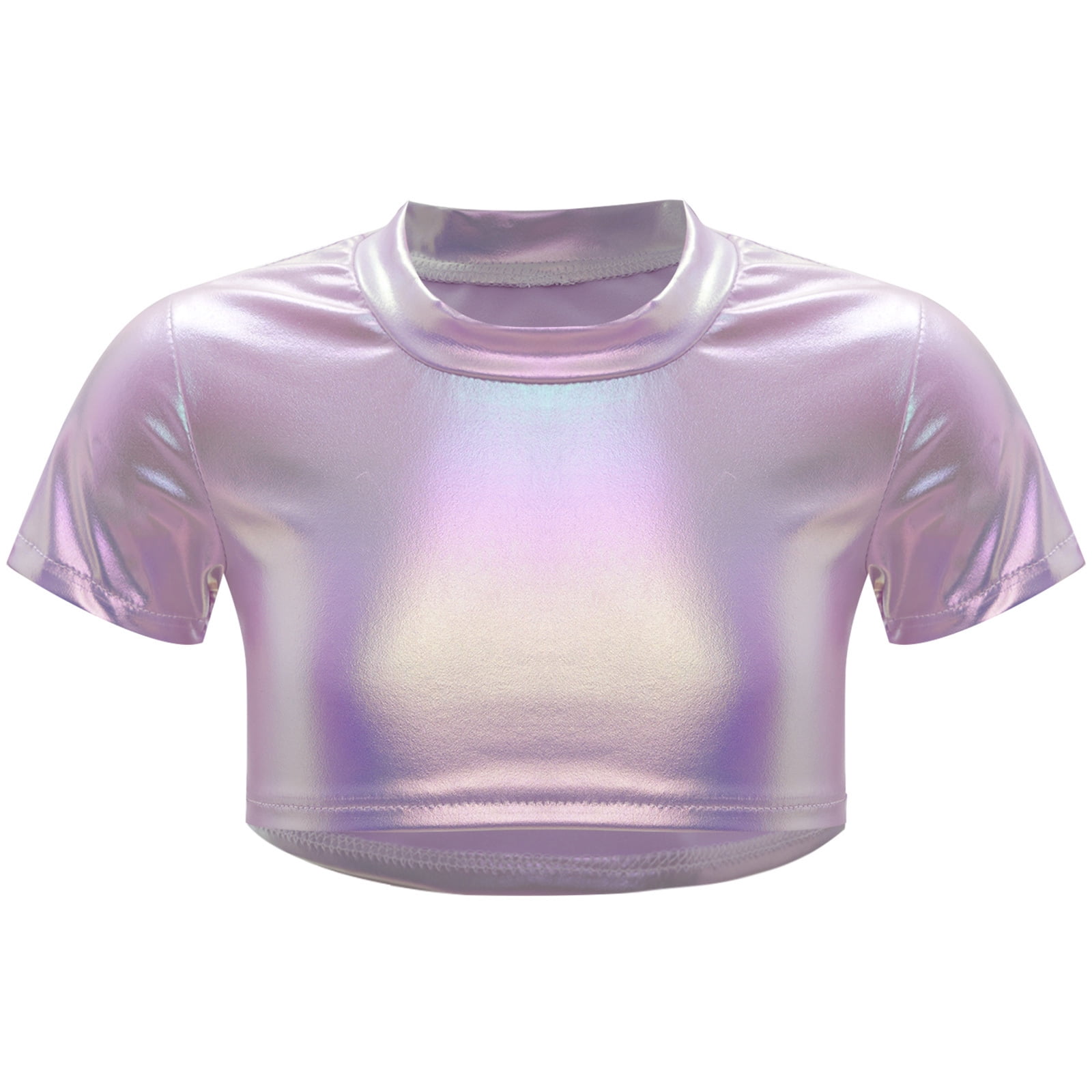 YONGHS Kids Girls Shiny Metallic Short Sleeve T-shirt Crop Tops Jazz ...