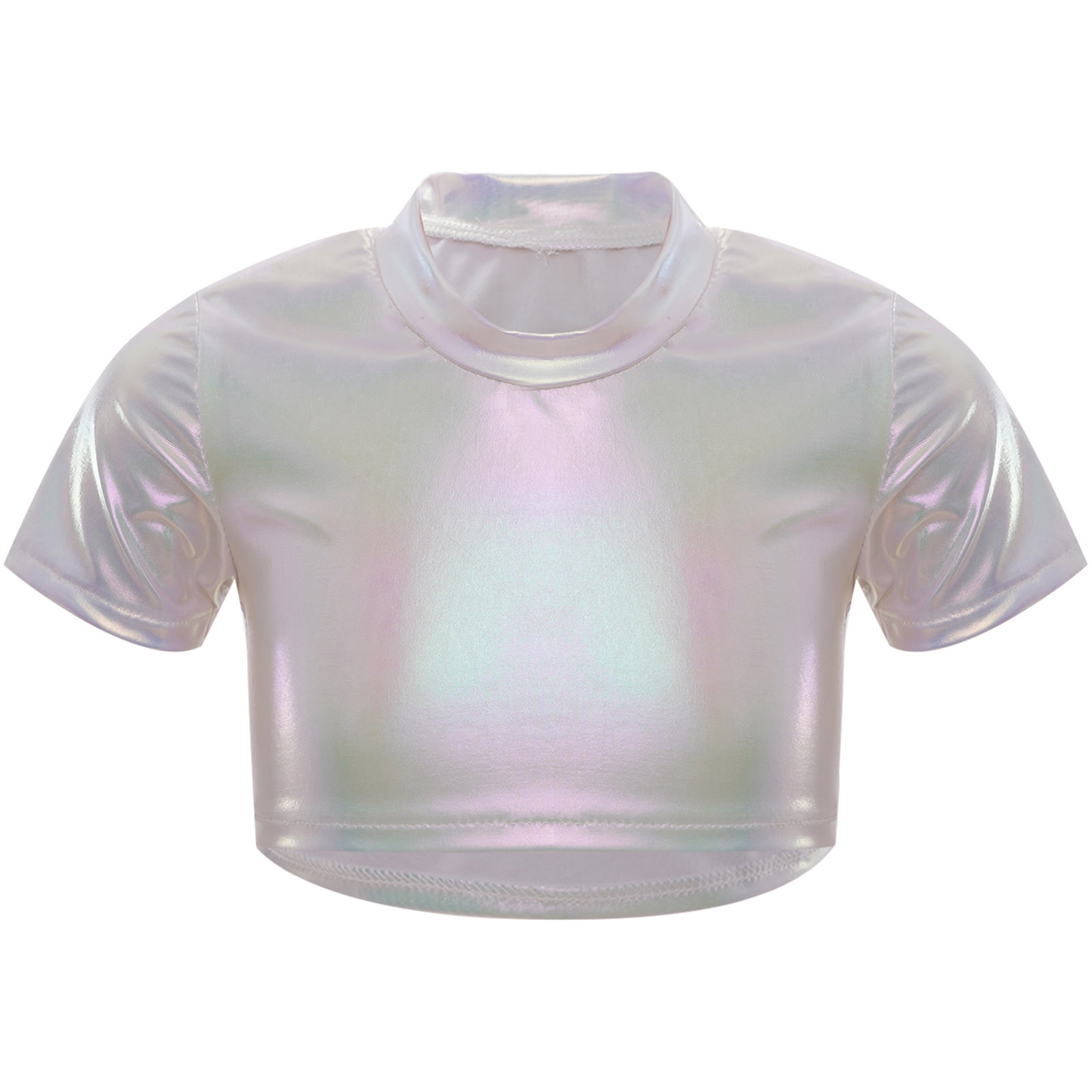 YONGHS Kids Girls Shiny Metallic Short Sleeve T-shirt Crop Tops Jazz ...