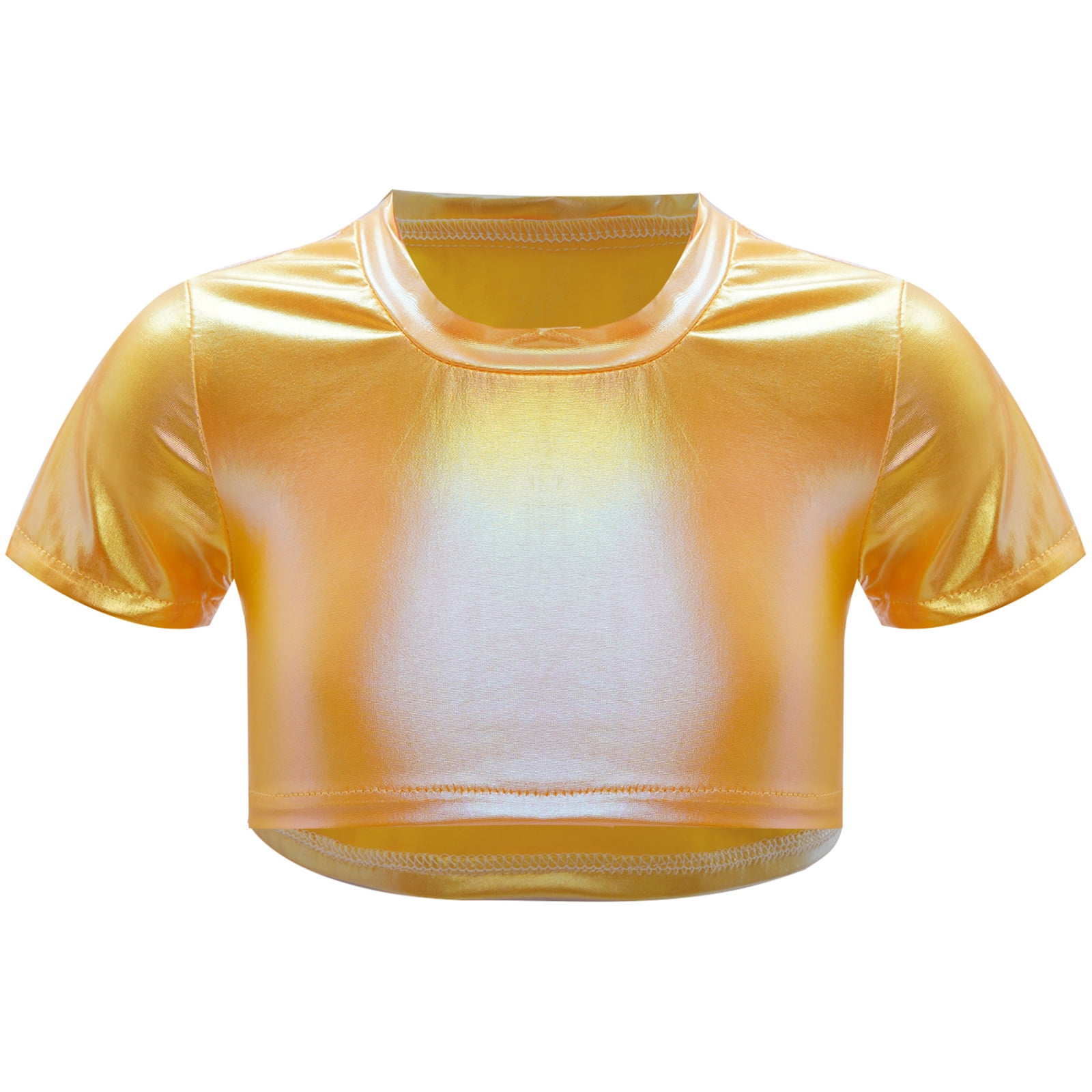 YONGHS Kids Girls Shiny Metallic Short Sleeve T-shirt Crop Tops Jazz ...