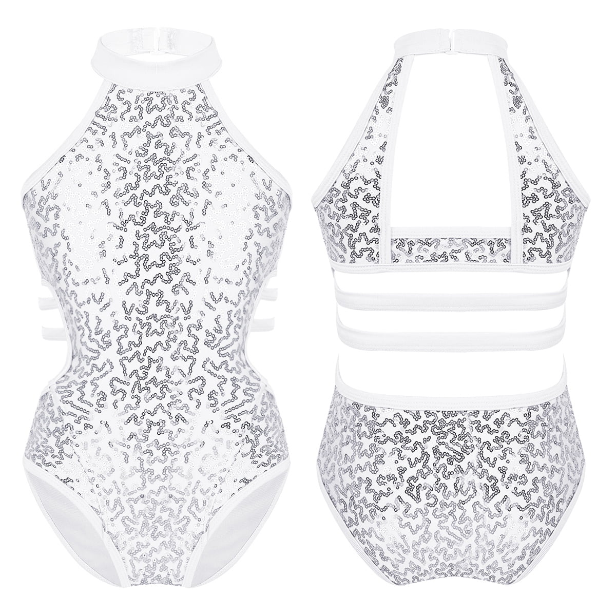 YONGHS Kids Girls Shiny Sequined Halter Neck Leotard Ballet Gymnastics ...