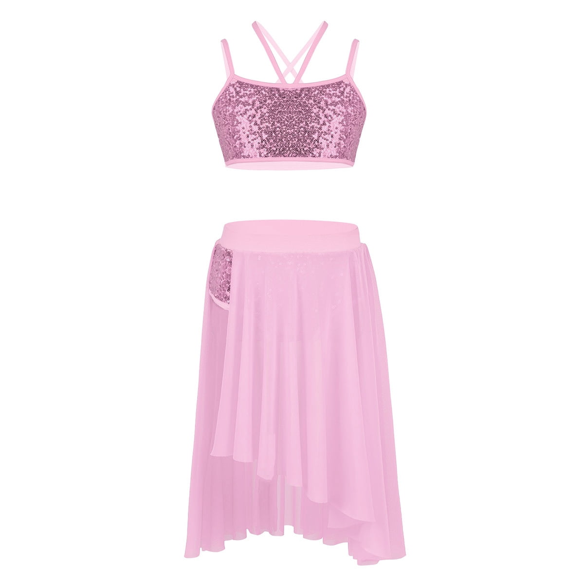 YONGHS Kids Girls Shiny Sequins Crop Top Skirt Set Lyrical Dance Modern ...
