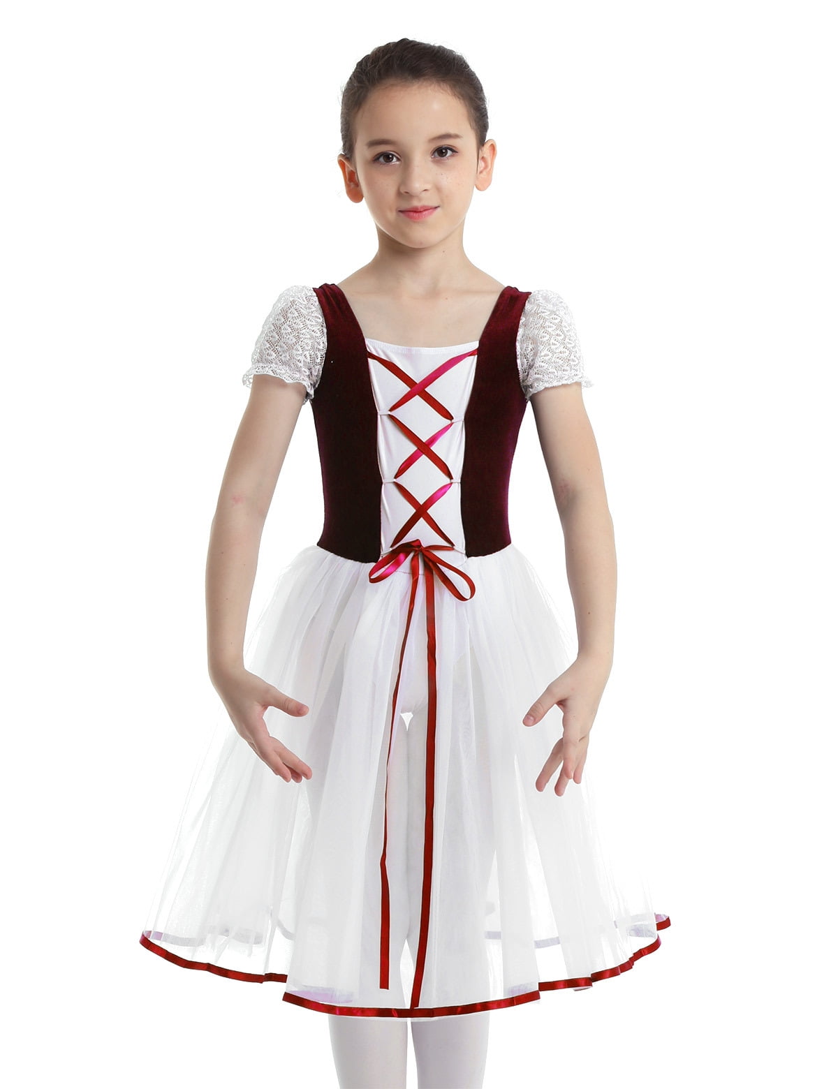 YONGHS Kids Girls Short Sleeves Ballet Dance Dress Velvet Mesh Lacework ...