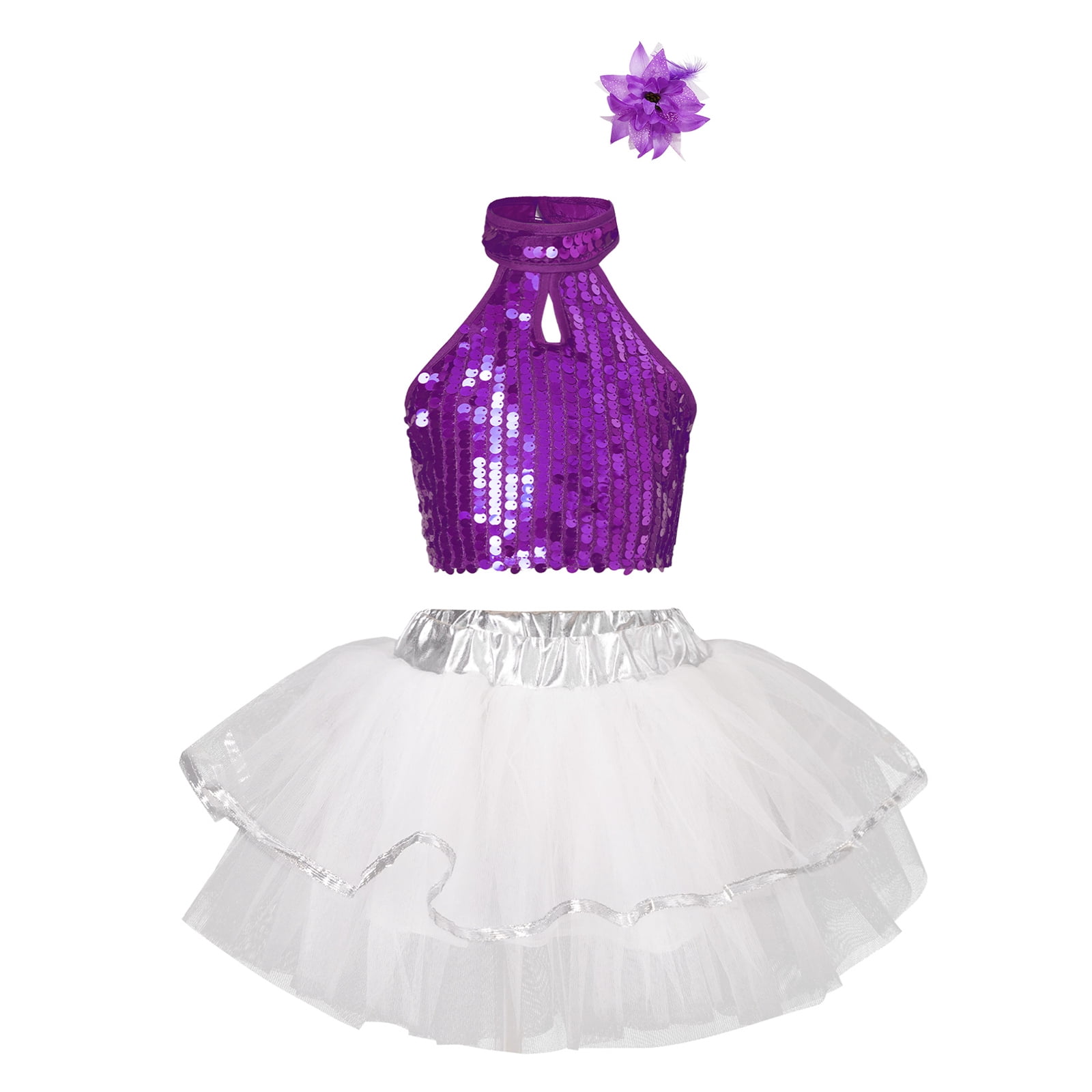 YONGHS Kids Girls Sparkle Latin Jazz Dance Outfits Sequins Crop Top ...
