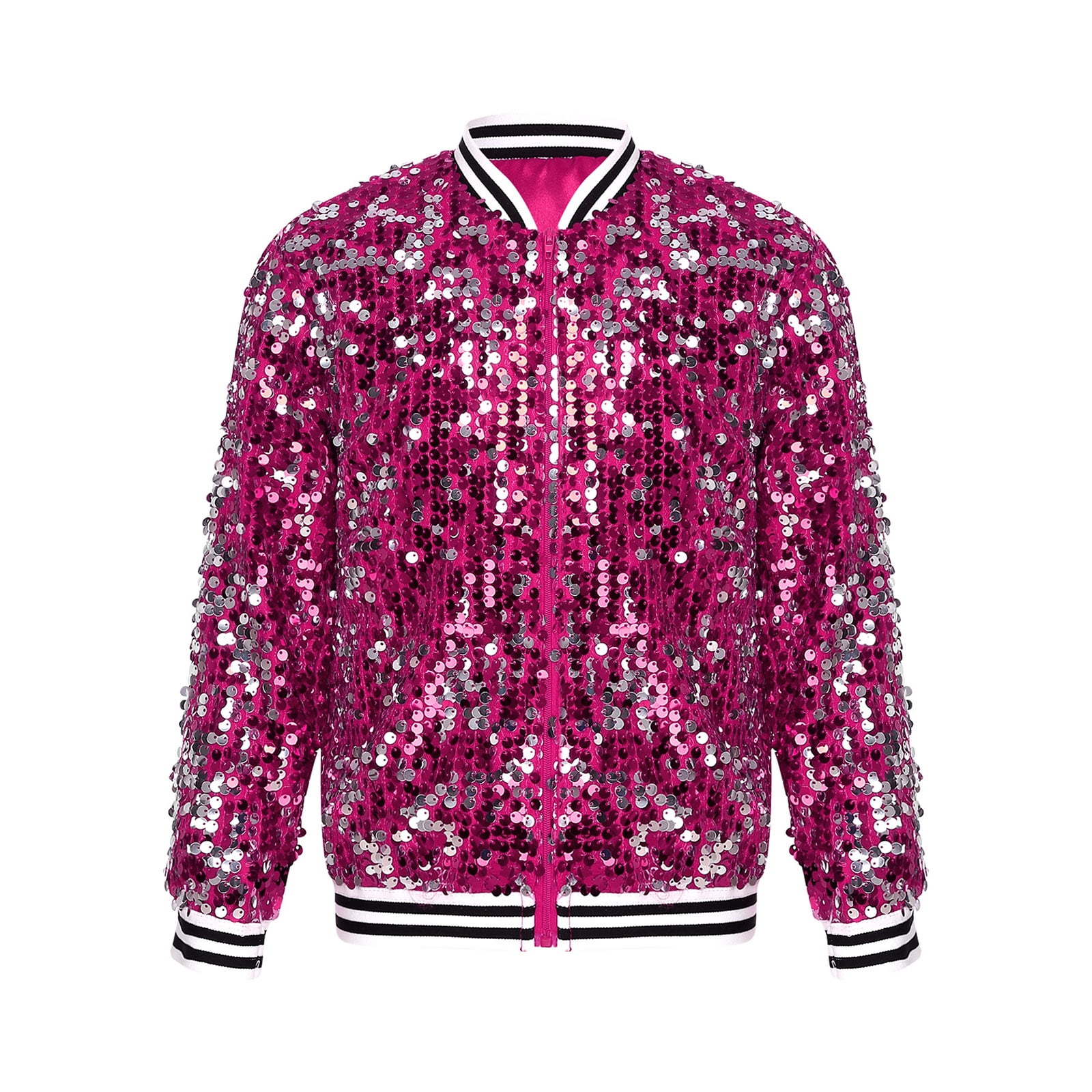 YONGHS Kids Girls Sparkly Sequins Baseball Coat Long Sleeve Disco Dance ...