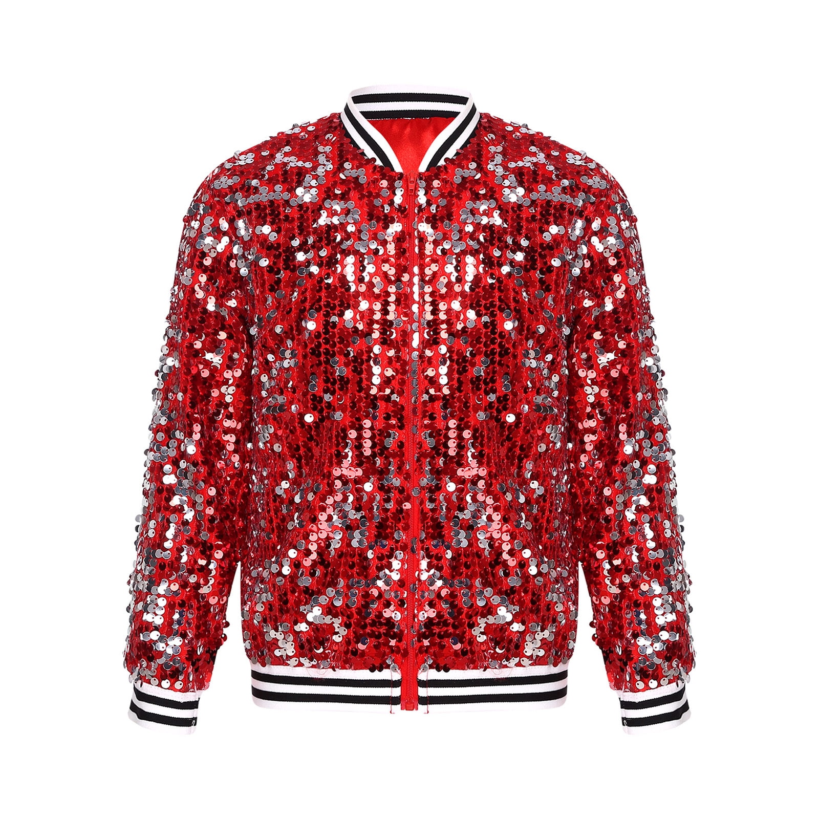 YONGHS Kids Girls Sparkly Sequins Baseball Coat Long Sleeve Disco Dance Party Bomber Jacket Red ...