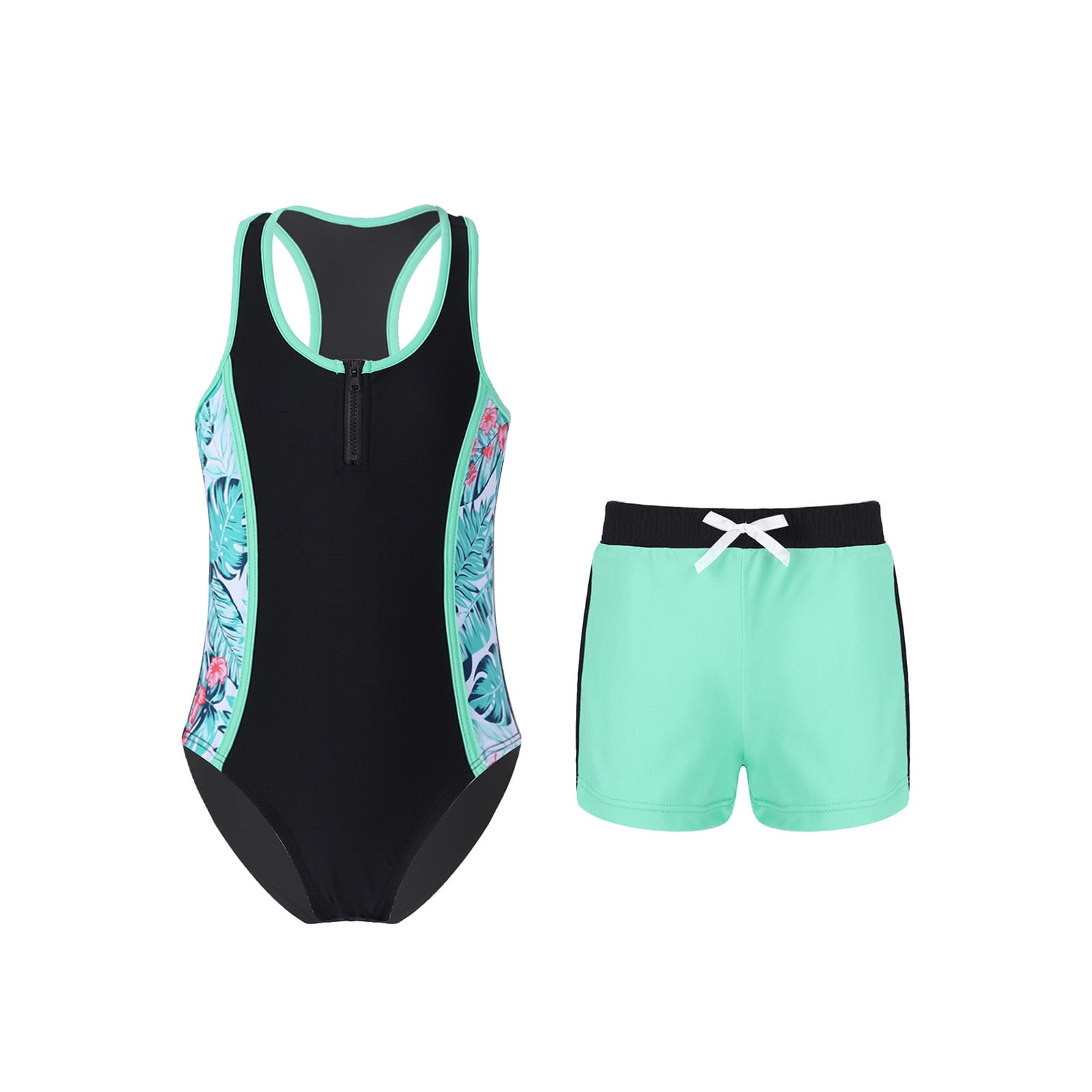 YONGHS Kids Girls Two Piece Athletic Swimsuit Racer Back Jumpsuit with ...