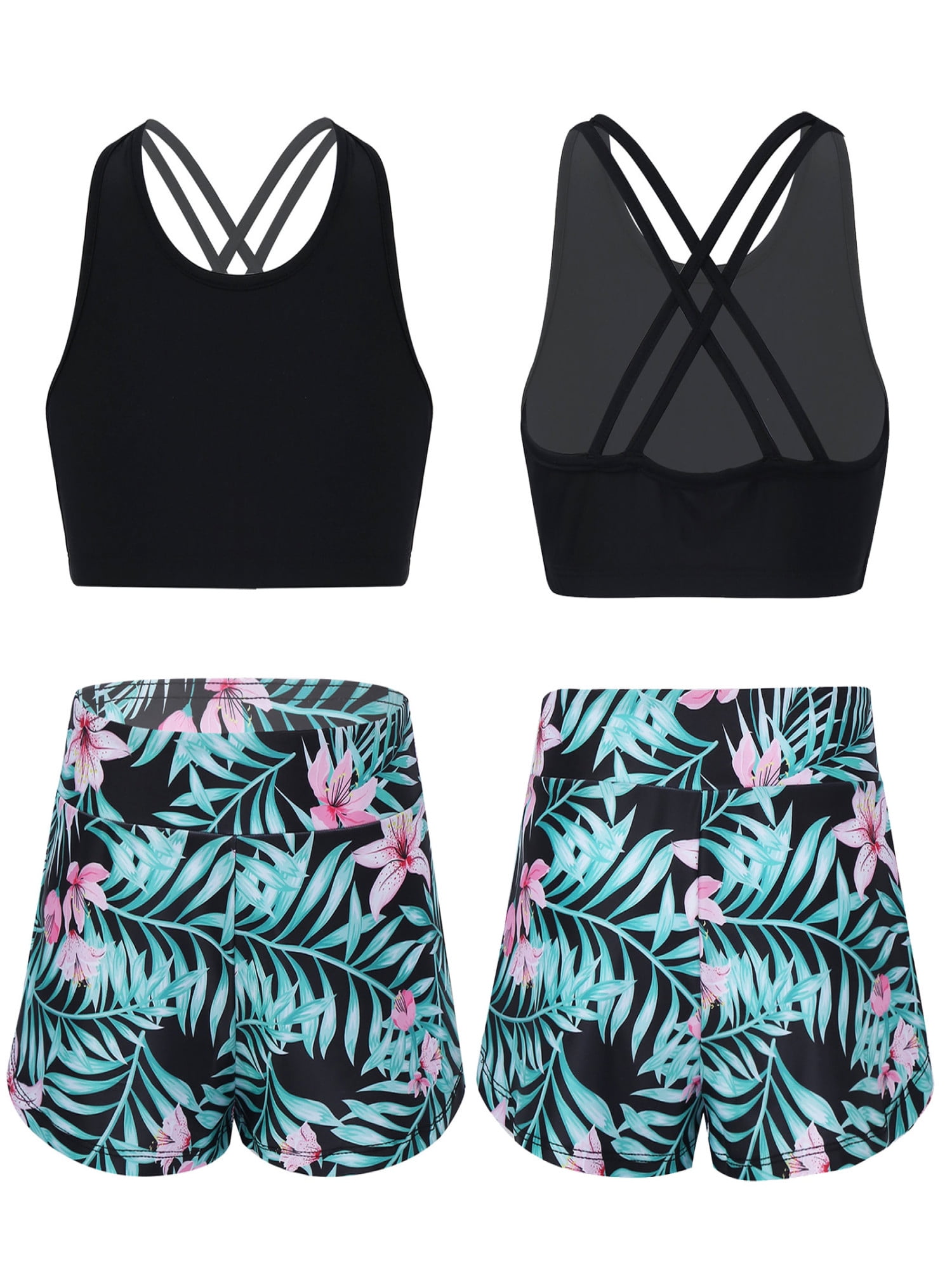 YONGHS Kids Girls Two-Piece Sport Suit Rear back Cross Top Shorts Set 4 ...