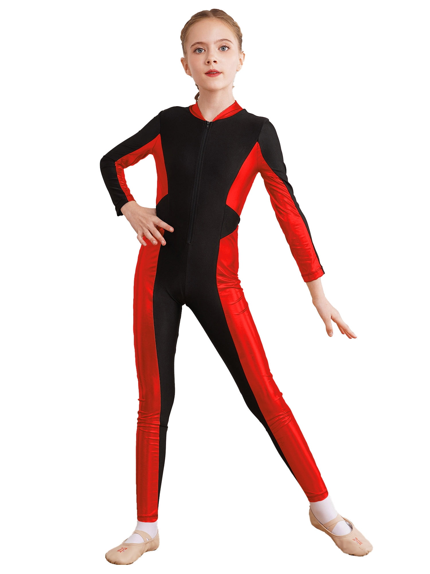 YONGHS Kids Girls Unitard Long Sleeve Zipper Metallic Skating Dance ...
