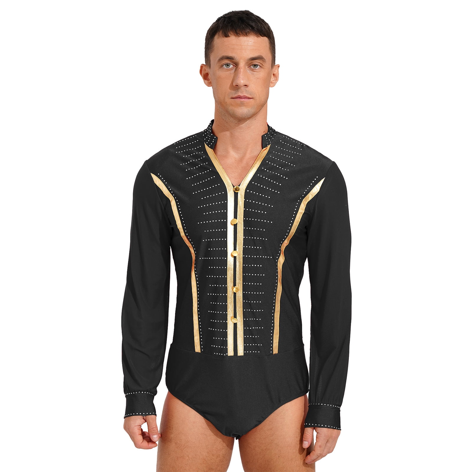 YONGHS Men's Mesh Long Sleeve Rhinestones Bodysuit Ballroom Salsa Samba ...