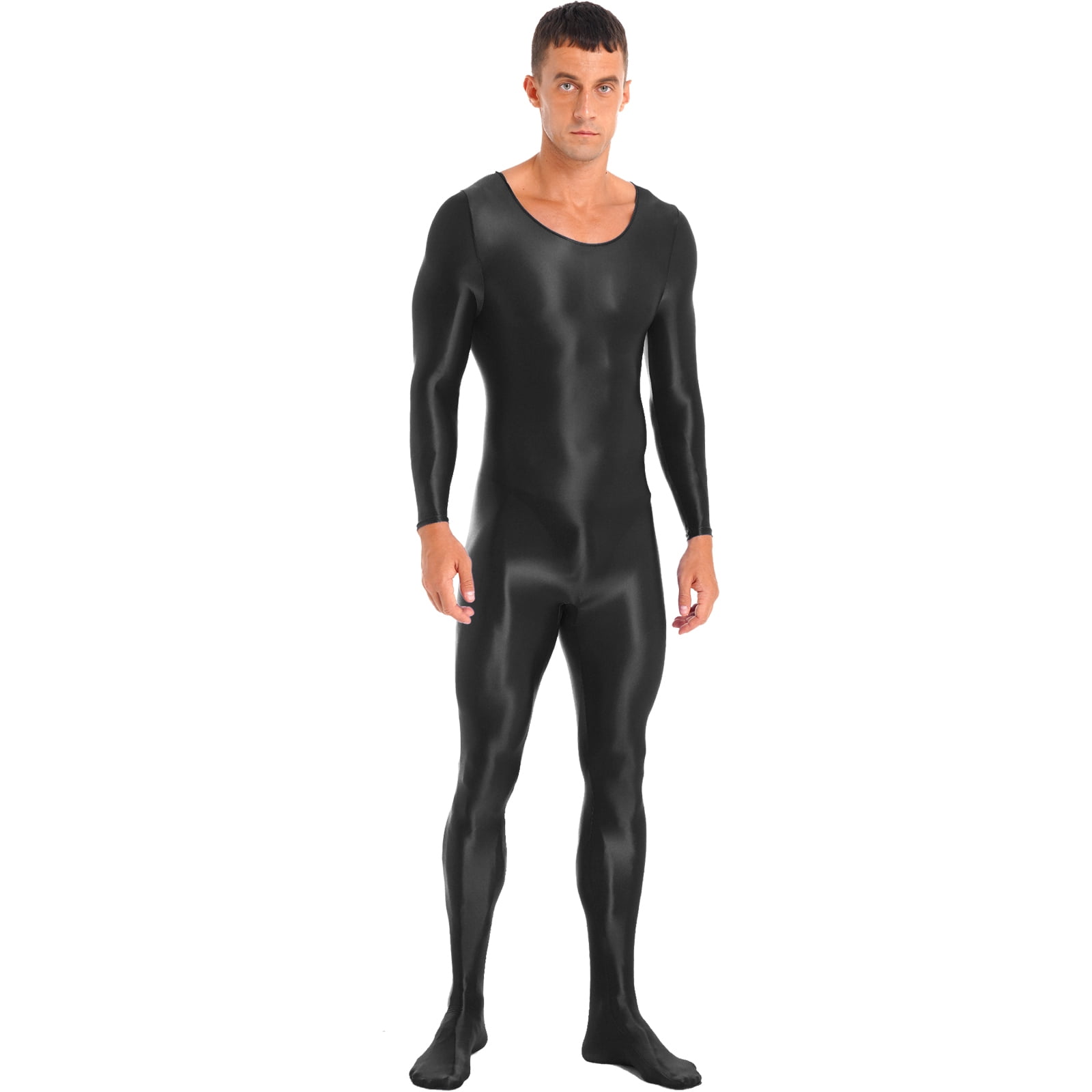 YONGHS Men's Shiny Glossy Long Sleeve Unitard Full Bodysuit Leotard ...