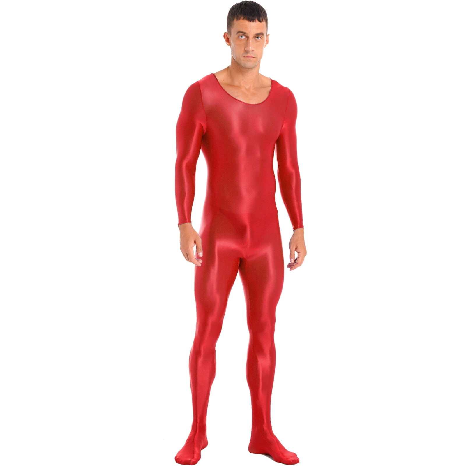YONGHS Men's Shiny Glossy Long Sleeve Unitard Full Bodysuit Leotard ...