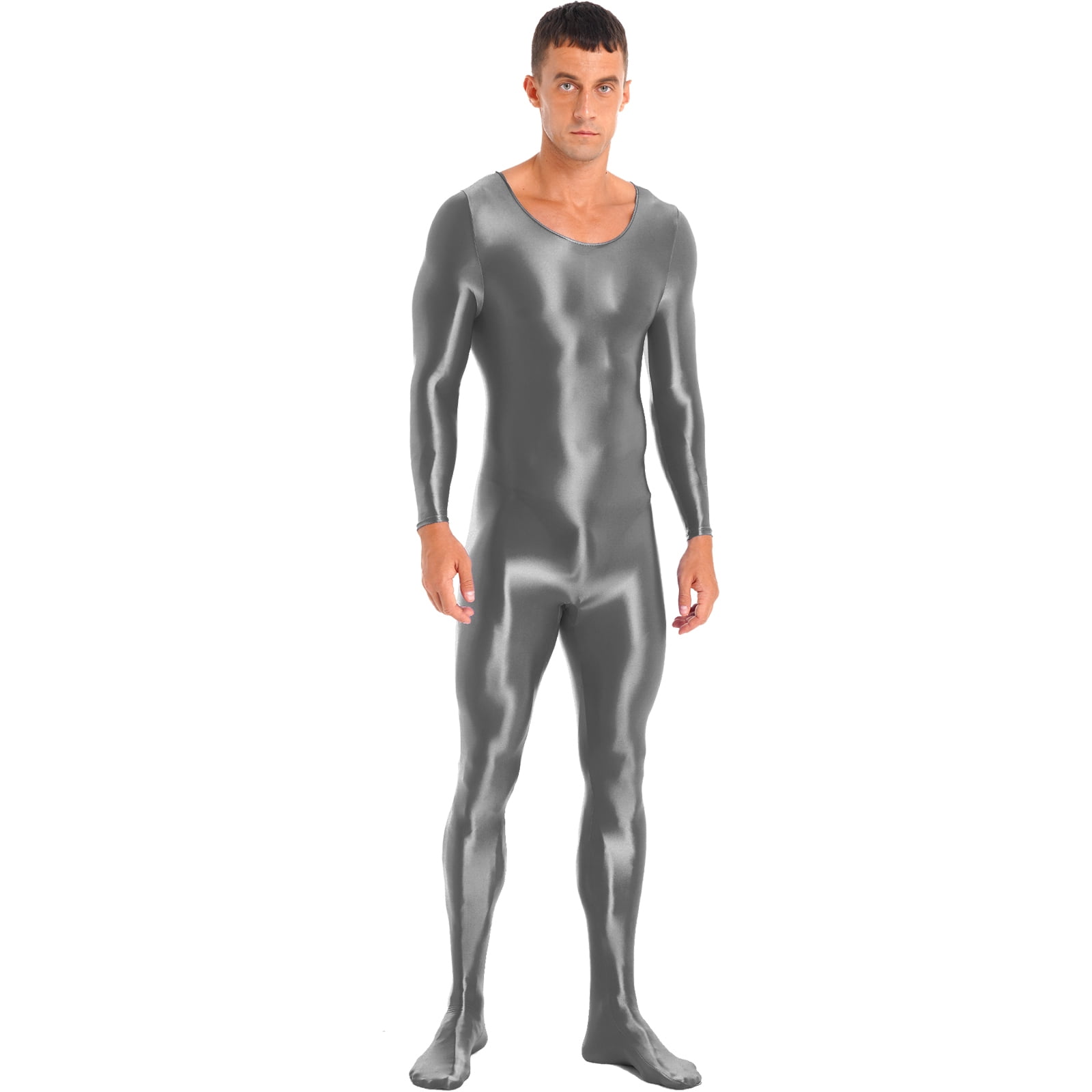 YONGHS Men's Shiny Glossy Long Sleeve Unitard Full Bodysuit Leotard ...